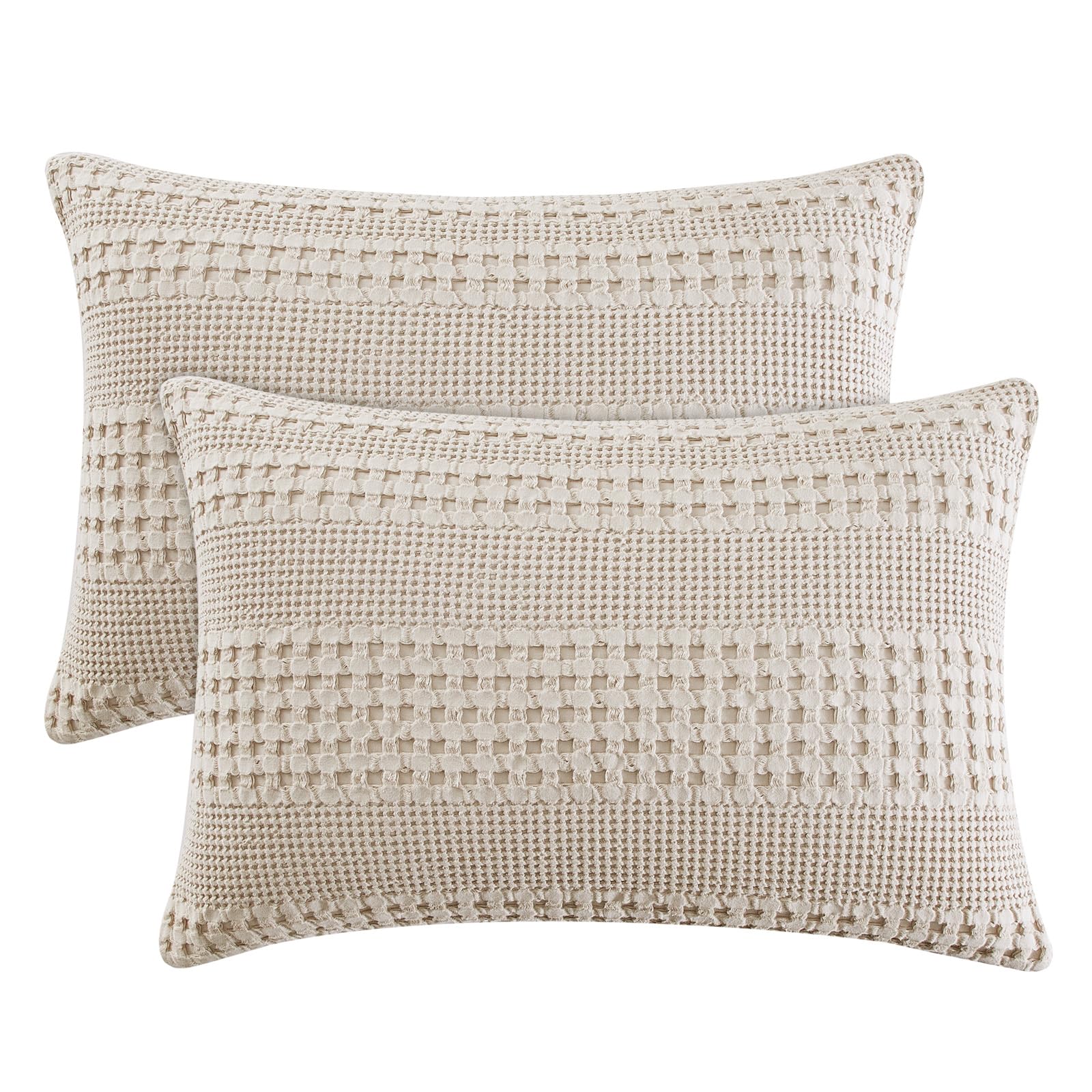 PHF 100% Cotton Waffle Pillow Shams King Size, 2 Pack 20" x 36" Soft Skin-Friendly Pillowcases, No Filling, Aesthetic Woven and Breathable Waffle Weave Pillow Case Covers for Bed, Oatmeal