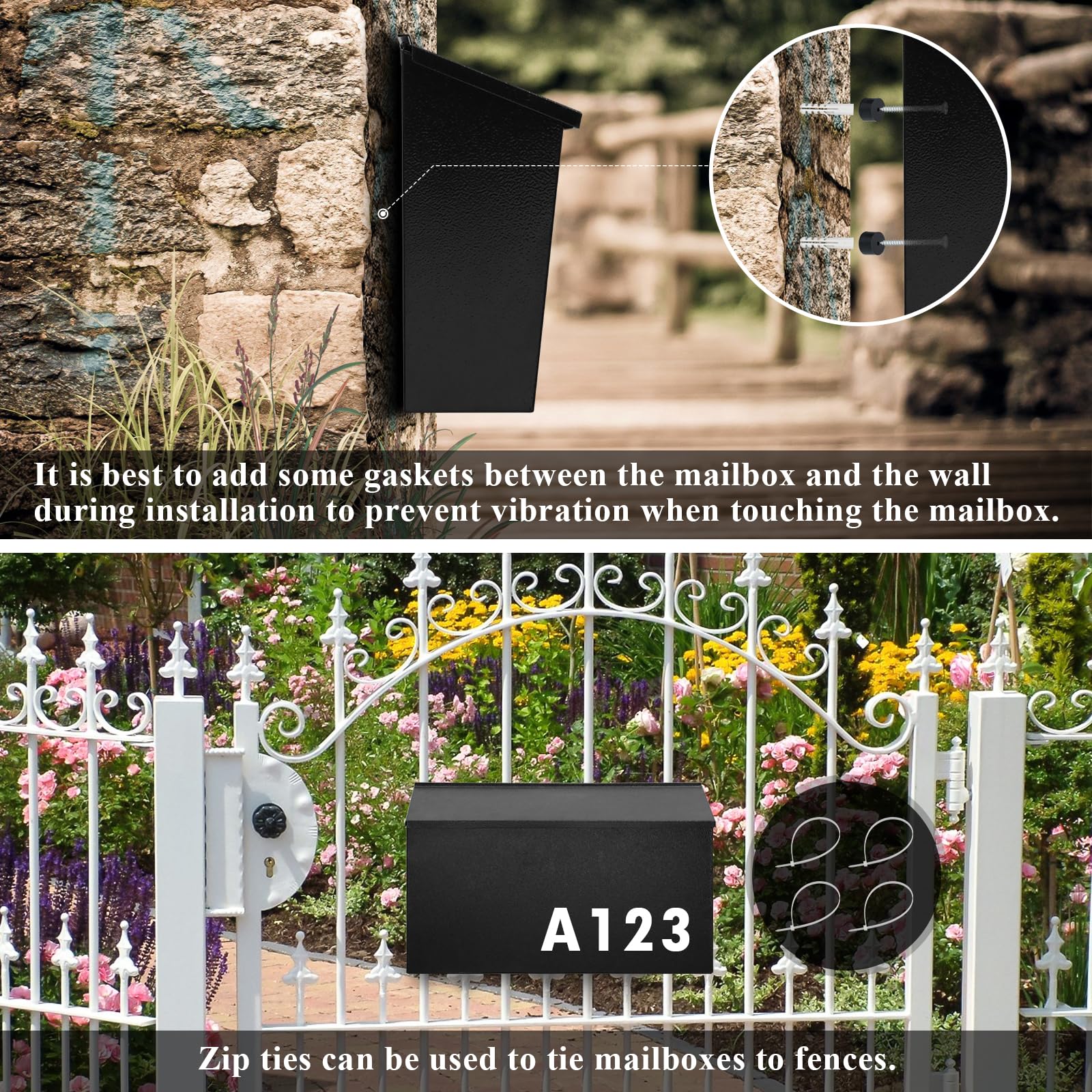 Dalmbox Wall-Mount Mailbox Large Mailbox for Post Rust-Proof Galvanized Steel Box for Outside or Townhouse Horizontal Style, Black, 15.7” x 4.3” x 9.4”