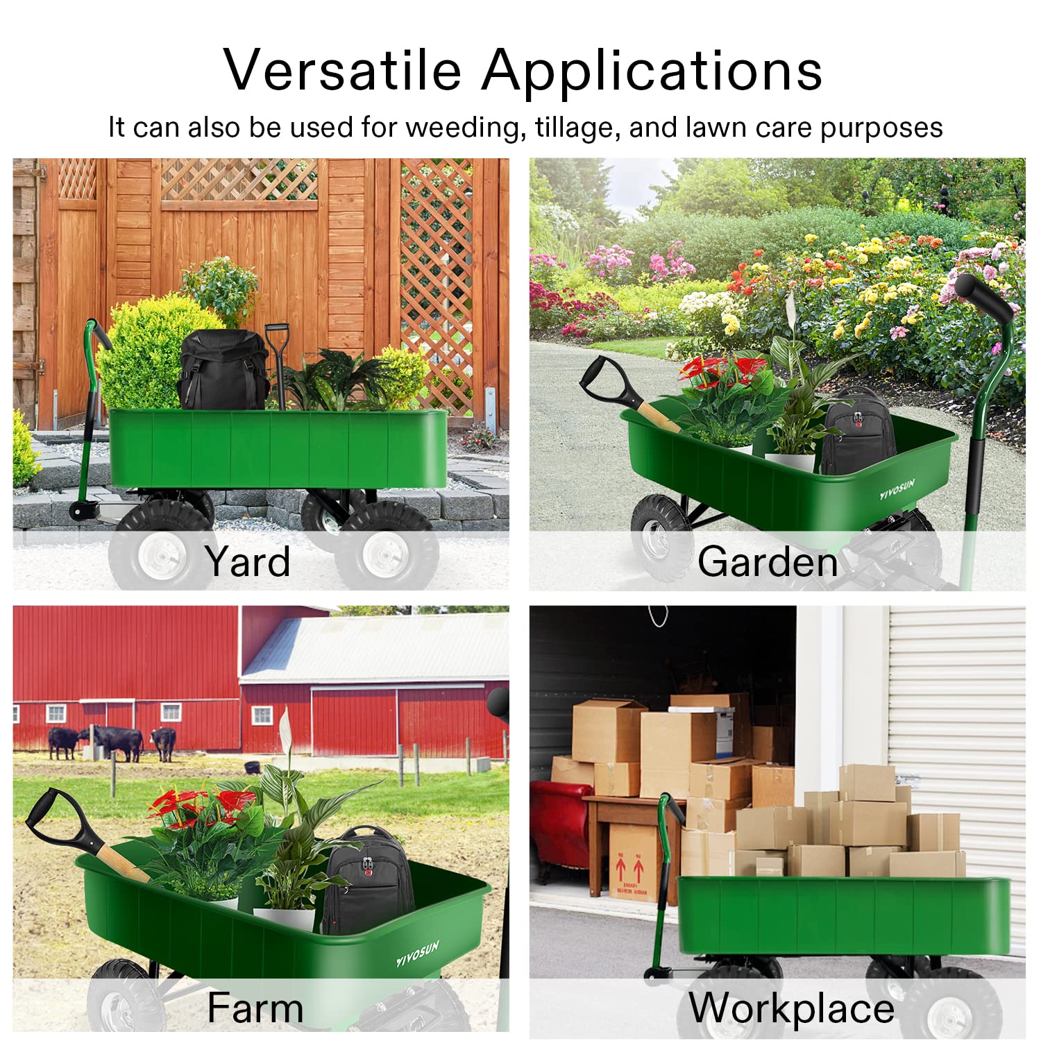 VIVOSUN Heavy-Duty Garden Dump Cart, 600-Pound Capacity, Multifunctional Pulling Wagon with 10" Pneumatic Tires for Outdoors, Lawns, Yards, Farms, and Ranches, Green