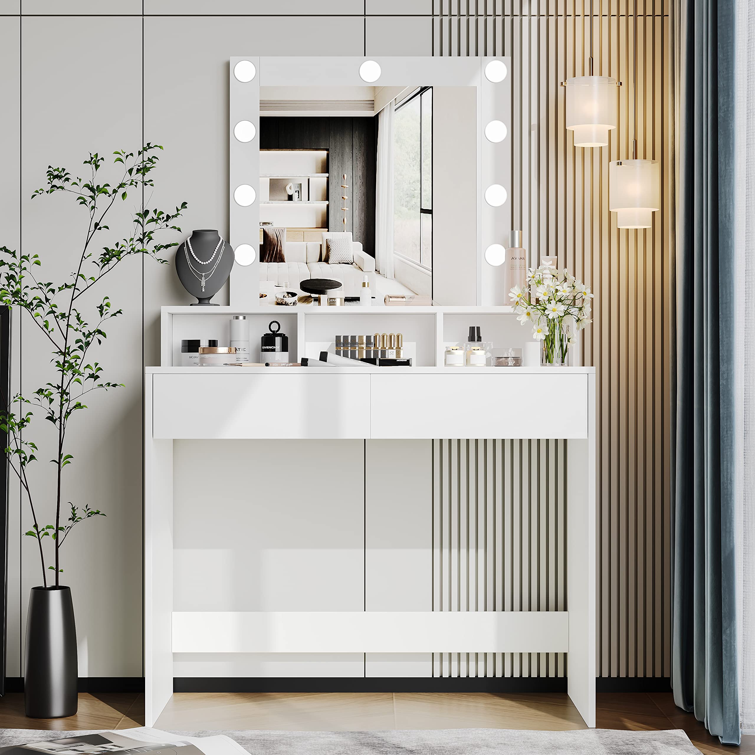 Reettic Vanity Table with Lighted Mirror, Makeup Vanity Desk Set with 2 Storage Drawers, Wooden Bedroom Dressing Table, 9 Lights & Adjustable Brightness, for Women, Mother, Wife, White RSZT101W