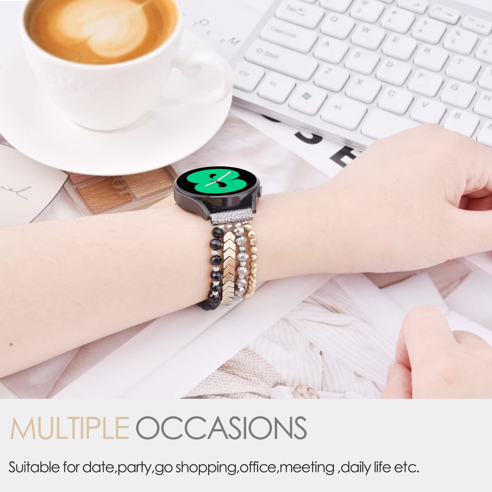 MOFREE Compatible for Samsung Galaxy Watch 4 40mm 44mm/Watch 4 Classic 42mm 46mm Bands, 20mm Handmade Fashion Elastic Beaded Bracelet Replacement for Galaxy Watch 3 41mm/Active/Active 2 Women, Black