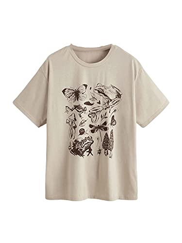 SOLY HUX Women's Graphic Letter Print T Shirt Short Sleeve Tee Top Khaki Mushroom Butterfly S