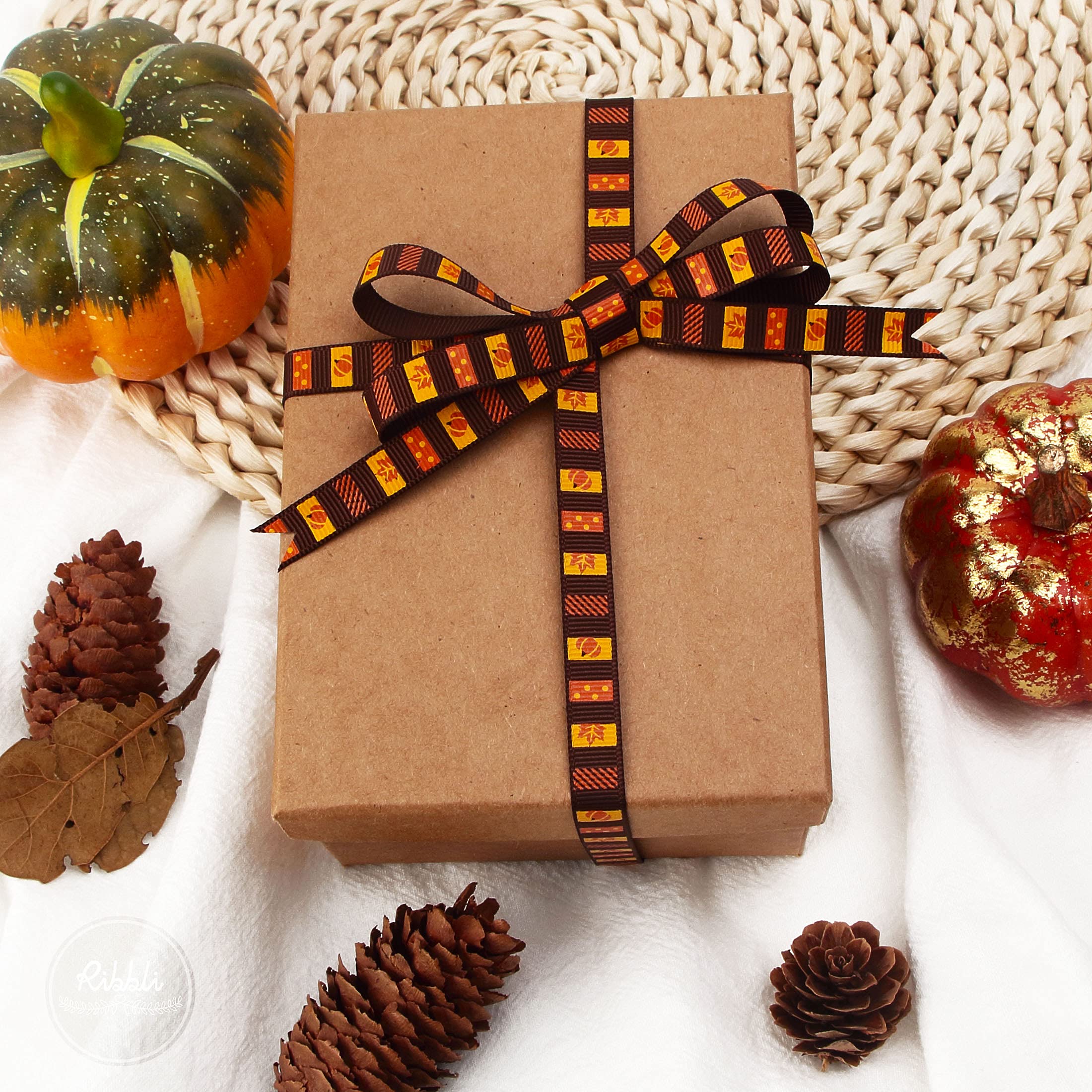 Ribbli Grosgrain Fall Ribbon,Pumpkins & Maple Leaf Stripe Ribbon Use for Autumn Craft,Thanksgiving Gift Wrapping,Home Decor,3/8 Inches x 10 Yards,Yellow/Orange/Brown
