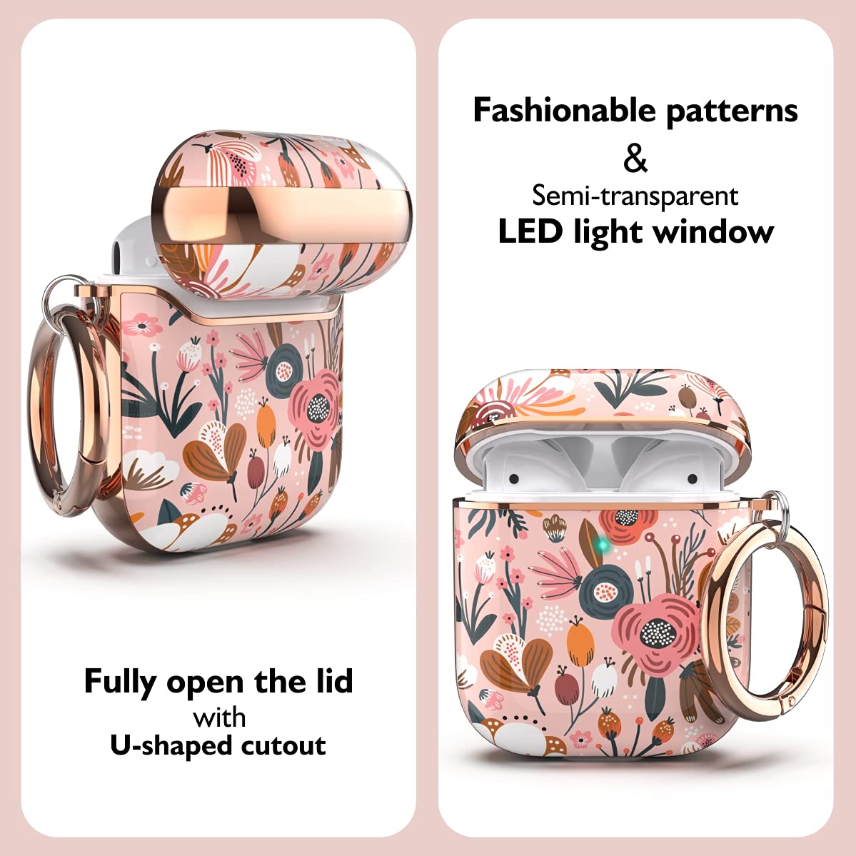 TATOFY Case Cover for AirPods 1&2, Stylish AirPods Case for Women Girls, Flower Patterns Protective Hard Case with Clip (Pink)