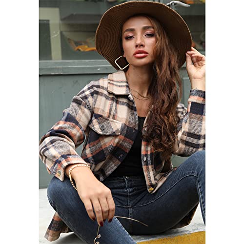 Women Classic Flannel Plaid Jacket Button Down Boyfriend Long Sleeve Lapel Shirts Casual Blouses Tops (Orange, Medium)