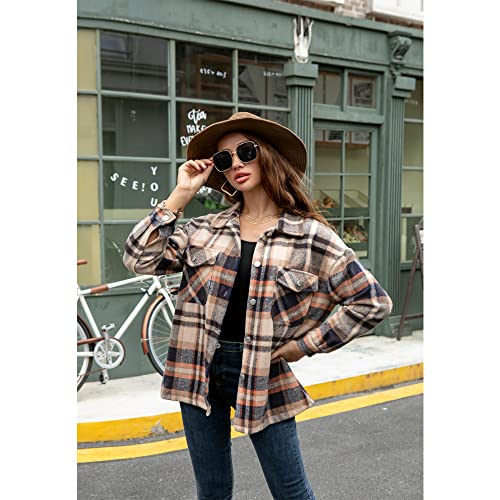 Women Classic Flannel Plaid Jacket Button Down Boyfriend Long Sleeve Lapel Shirts Casual Blouses Tops (Orange, Medium)