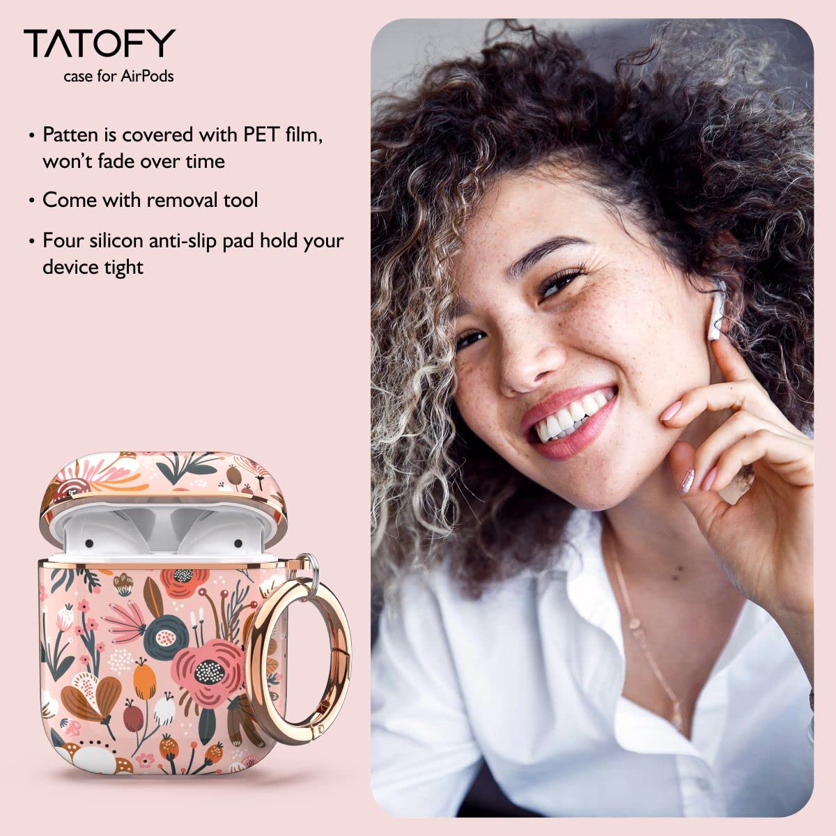 TATOFY Case Cover for AirPods 1&2, Stylish AirPods Case for Women Girls, Flower Patterns Protective Hard Case with Clip (Pink)