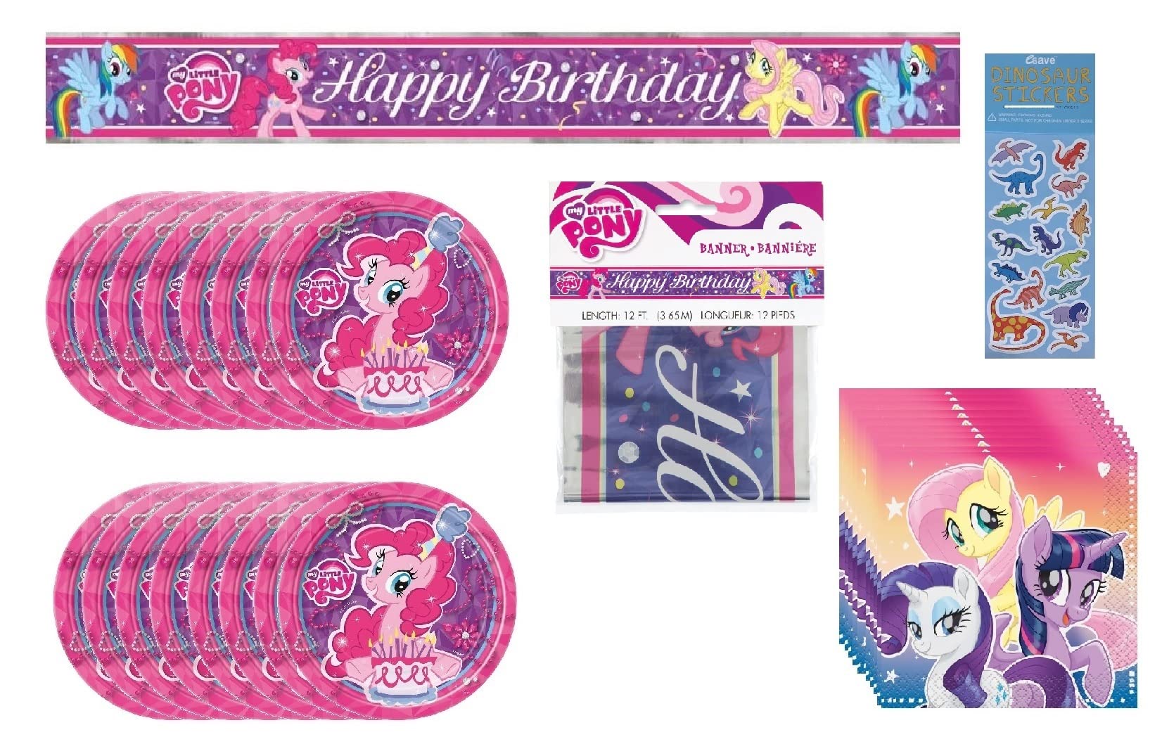 My Little Pony Birthday Party Supplies Bundle Pack for 16 includes 16 Plates, 16 Napkins, 1 Happy Birthday Banner, 1 Dinosaur Sticker Sheet