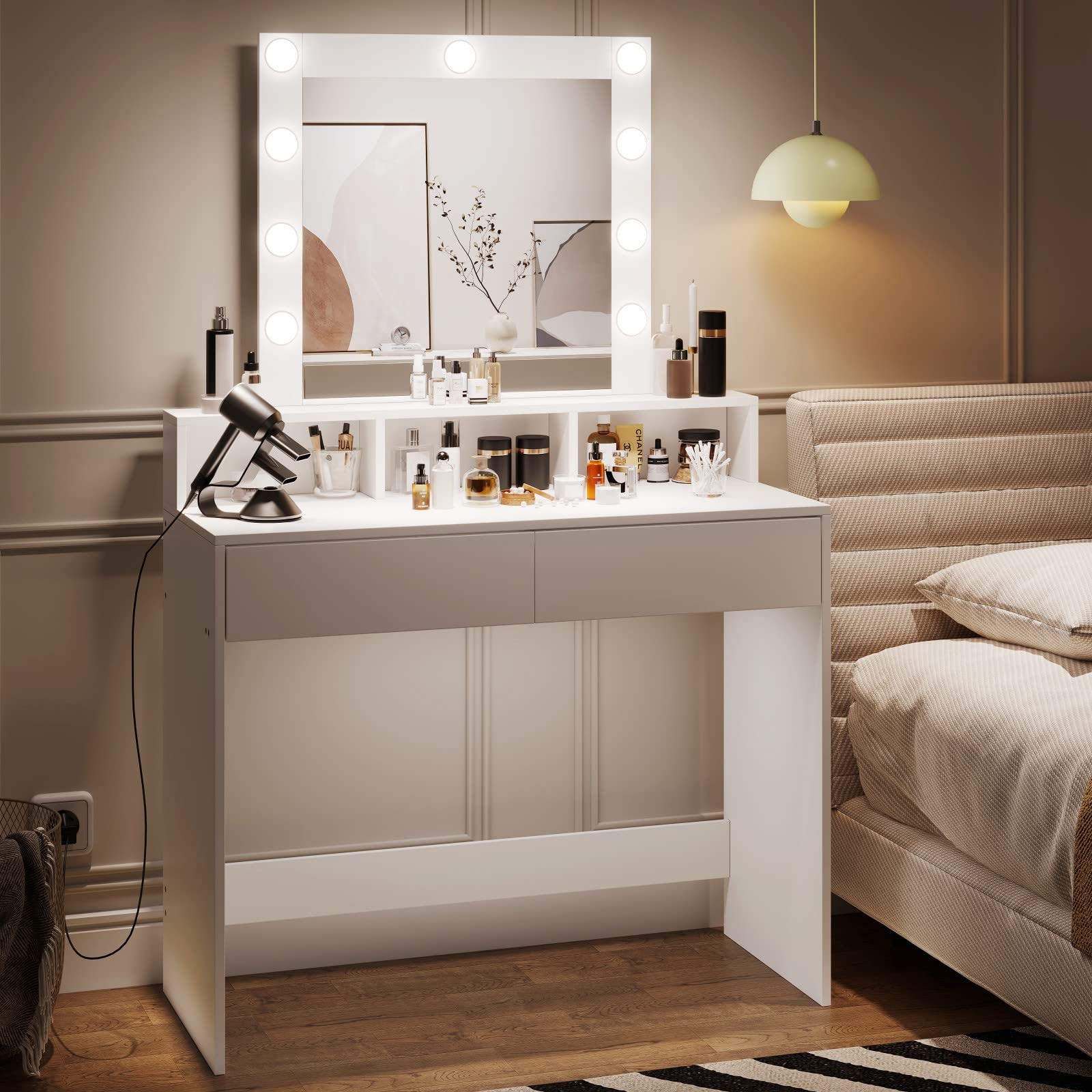 Reettic Vanity Table with Lighted Mirror, Makeup Vanity Desk Set with 2 Storage Drawers, Wooden Bedroom Dressing Table, 9 Lights & Adjustable Brightness, for Women, Mother, Wife, White RSZT101W