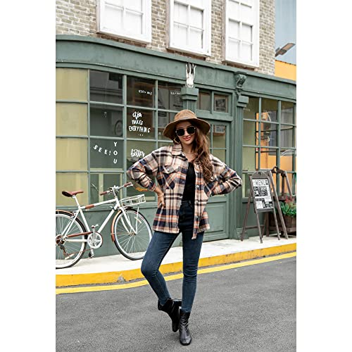 Women Classic Flannel Plaid Jacket Button Down Boyfriend Long Sleeve Lapel Shirts Casual Blouses Tops (Orange, Medium)