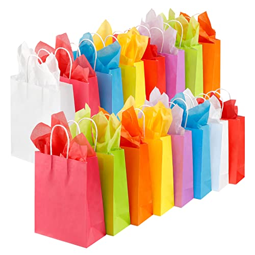 Moretoes Gift Bag Bulk 32pcs Party Favor Bags with Tissue Paper, 8 Colors Kraft Paper Bags, Goodie Bags Bulk with Handles for Baby Shower, Birthday, Shopping and School Party Supplies