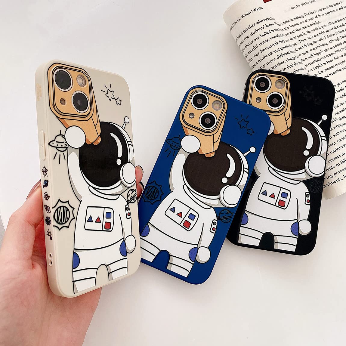 BeeTag Soft Silicone Case for iPhone 13 6.1 Inch with Wrist Lanyard Strap,Space Astronaut Design TPU Cartoon Graphics Bumper Shockproof Anti-Slip Protective Cover (LSJ),LANSJ