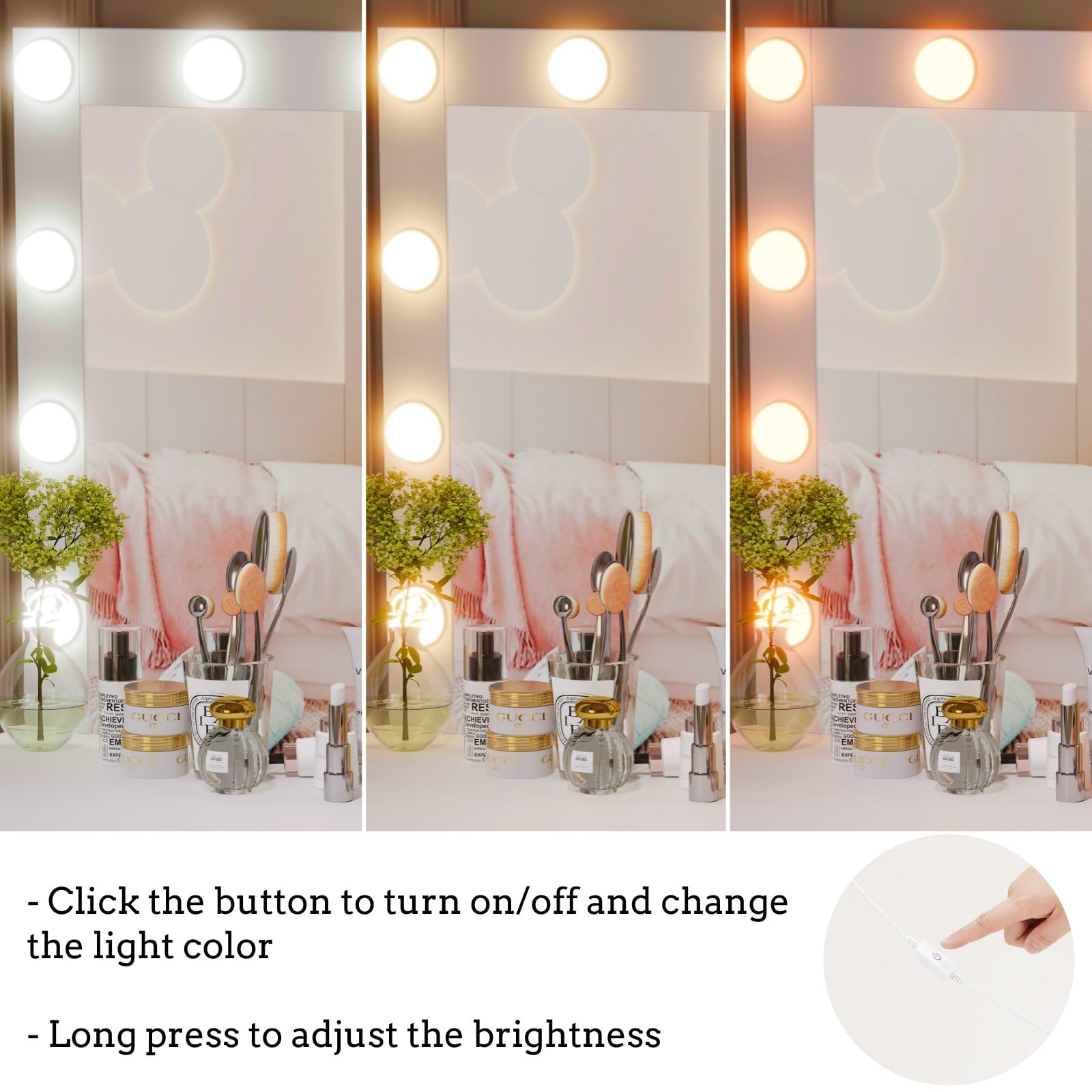 Reettic Vanity Table with Lighted Mirror, Makeup Vanity Desk Set with 2 Storage Drawers, Wooden Bedroom Dressing Table, 9 Lights & Adjustable Brightness, for Women, Mother, Wife, White RSZT101W