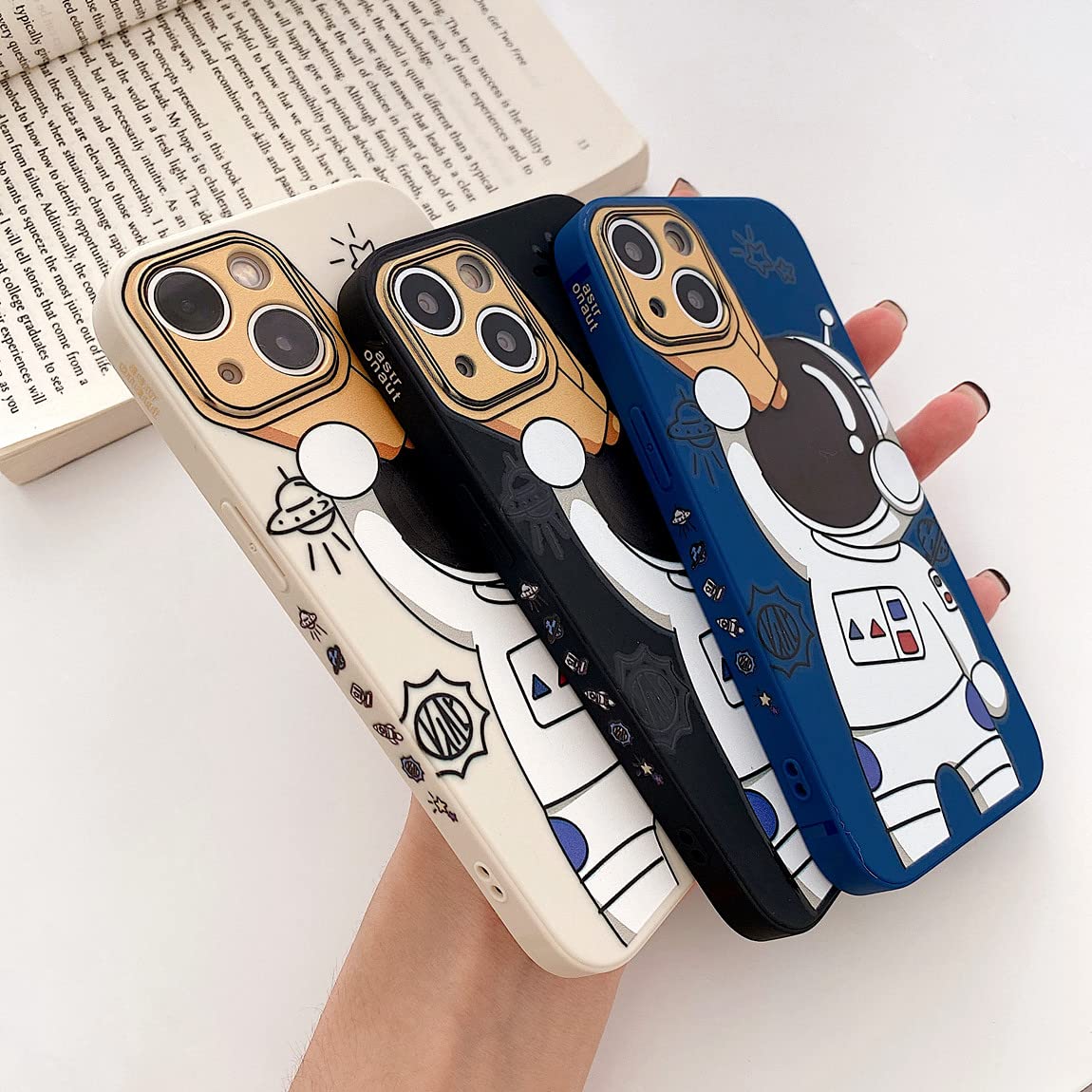 BeeTag Soft Silicone Case for iPhone 13 6.1 Inch with Wrist Lanyard Strap,Space Astronaut Design TPU Cartoon Graphics Bumper Shockproof Anti-Slip Protective Cover (LSJ),LANSJ