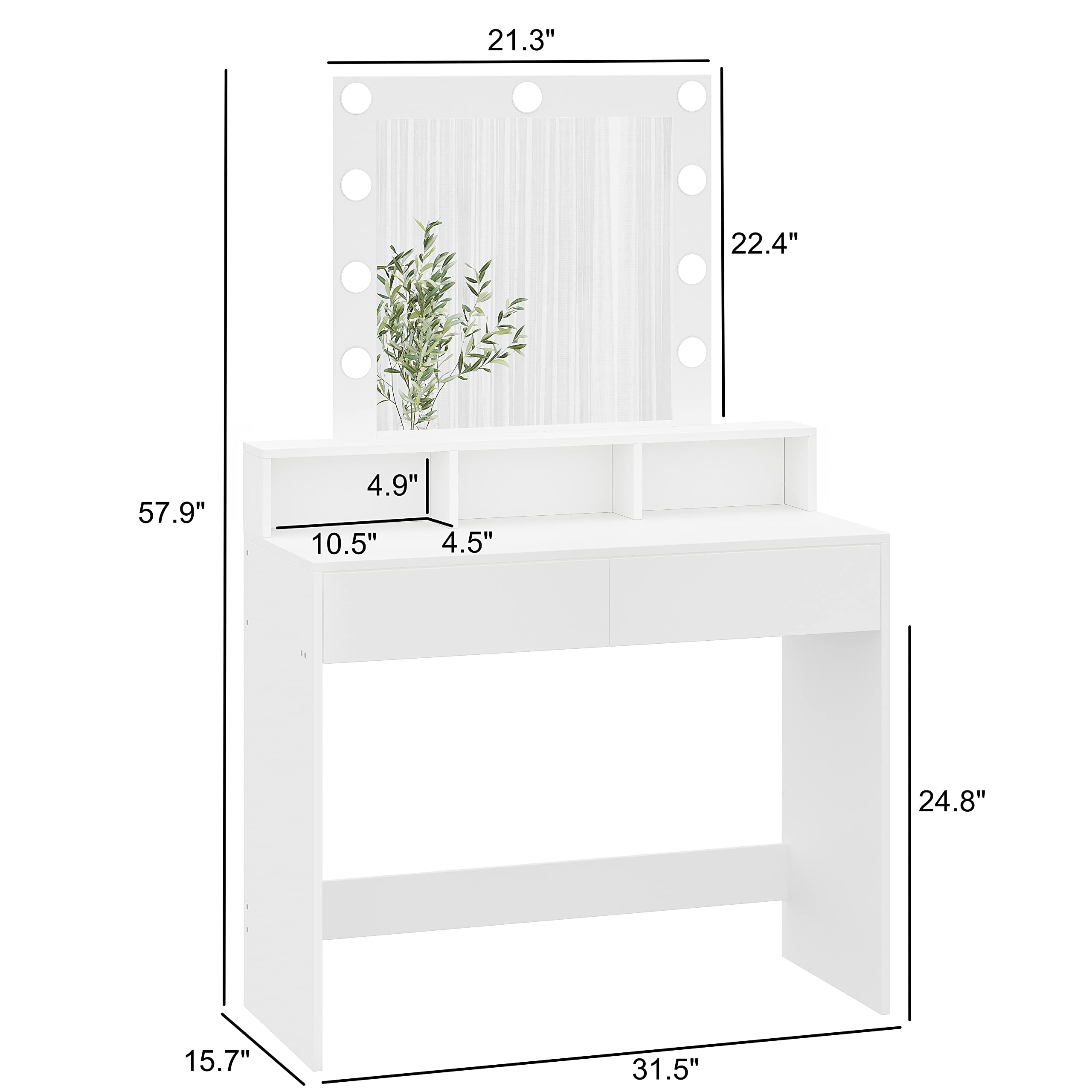 Reettic Vanity Table with Lighted Mirror, Makeup Vanity Desk Set with 2 Storage Drawers, Wooden Bedroom Dressing Table, 9 Lights & Adjustable Brightness, for Women, Mother, Wife, White RSZT101W