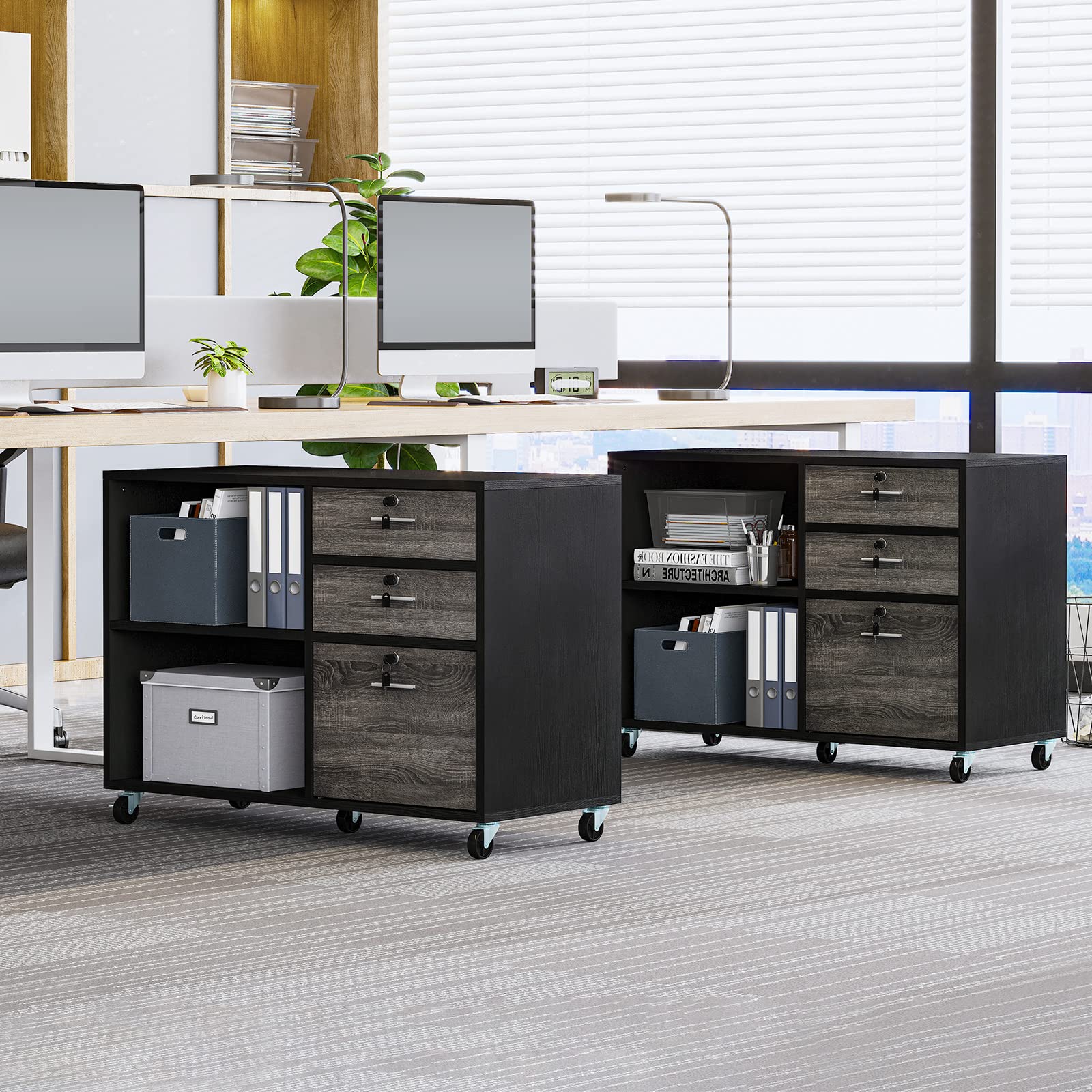 YITAHOME Wood File Cabinet, 3 Drawer Mobile Lateral Filing Cabinet, Storage Cabinet Printer Stand with 2 Open Shelves for Home Office Organization, Black and Grey