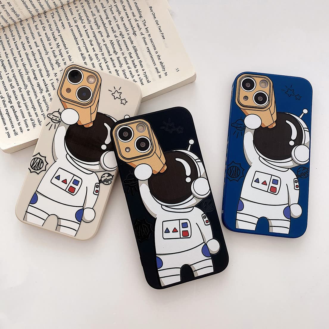 BeeTag Soft Silicone Case for iPhone 13 6.1 Inch with Wrist Lanyard Strap,Space Astronaut Design TPU Cartoon Graphics Bumper Shockproof Anti-Slip Protective Cover (LSJ),LANSJ