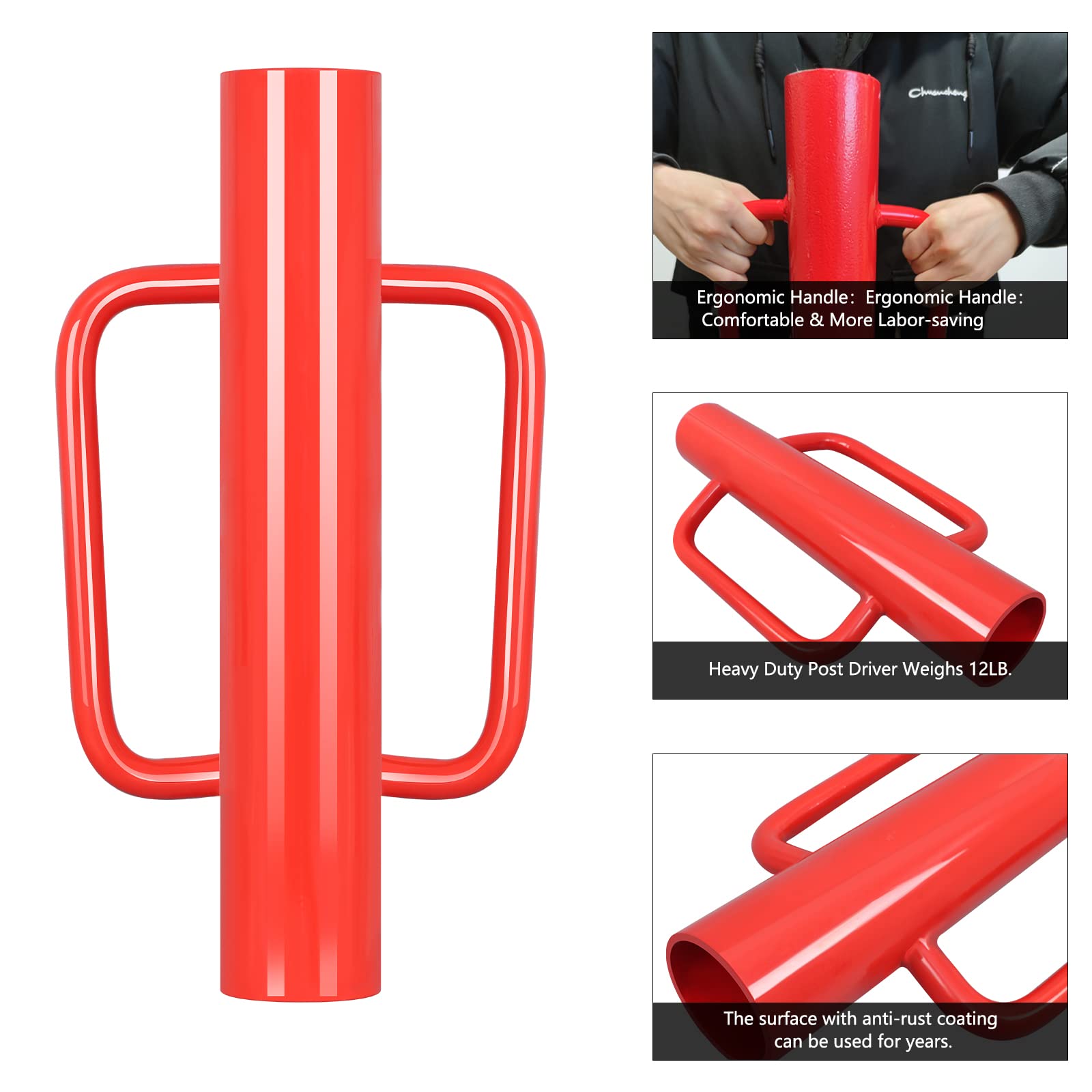Gtongoko 12LB T Post Driver with Handles Heavy Duty Fence Post Driver Post Pounder for T-Posts,U Channel,Metal Post and Sign Post Pole Driver Tool,17 Inch Red