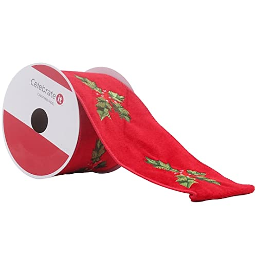 Celebrate It 3.5'' Velvet Wired Poinsettia Ribbon, Red