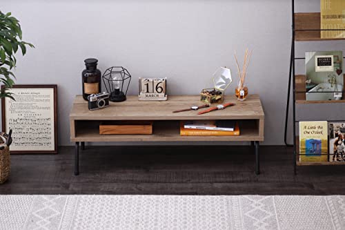 IRIS USA Low Multi-Purpose TV Stand with Black Steel Metal Frame and Legs, Coffee Table Entertainment Center Media Console for Living Room Storage and Organization, Ash Brown