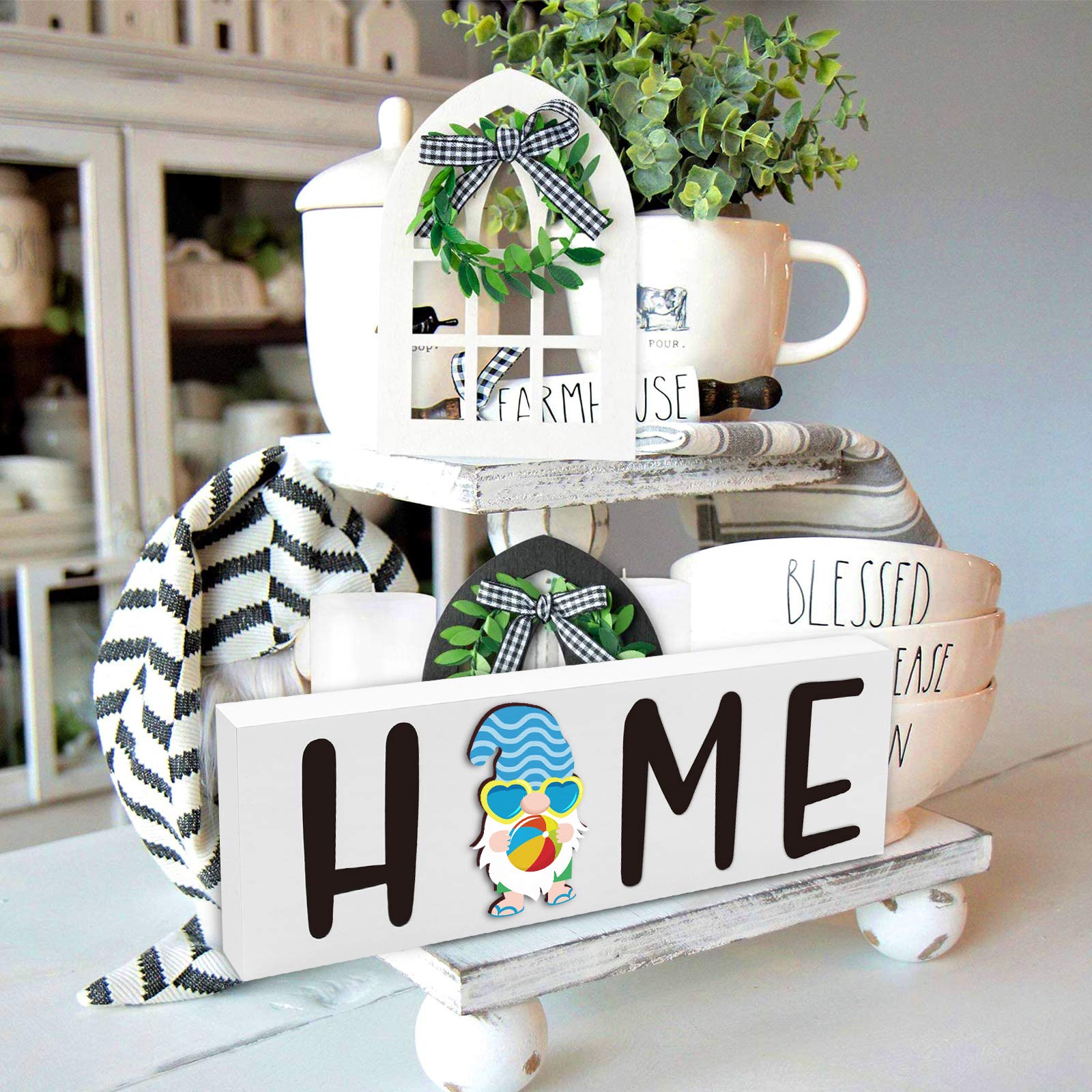 Yaaaaasss! Easter Interchangeable Home Love Sign, Seasonal Holiday Wood Decor with 12 PCS Magnet Gnome Pieces Spring Tiered Tray Decoration Double-Sided Gnome for Shelf Kitchen Housewarming Gift