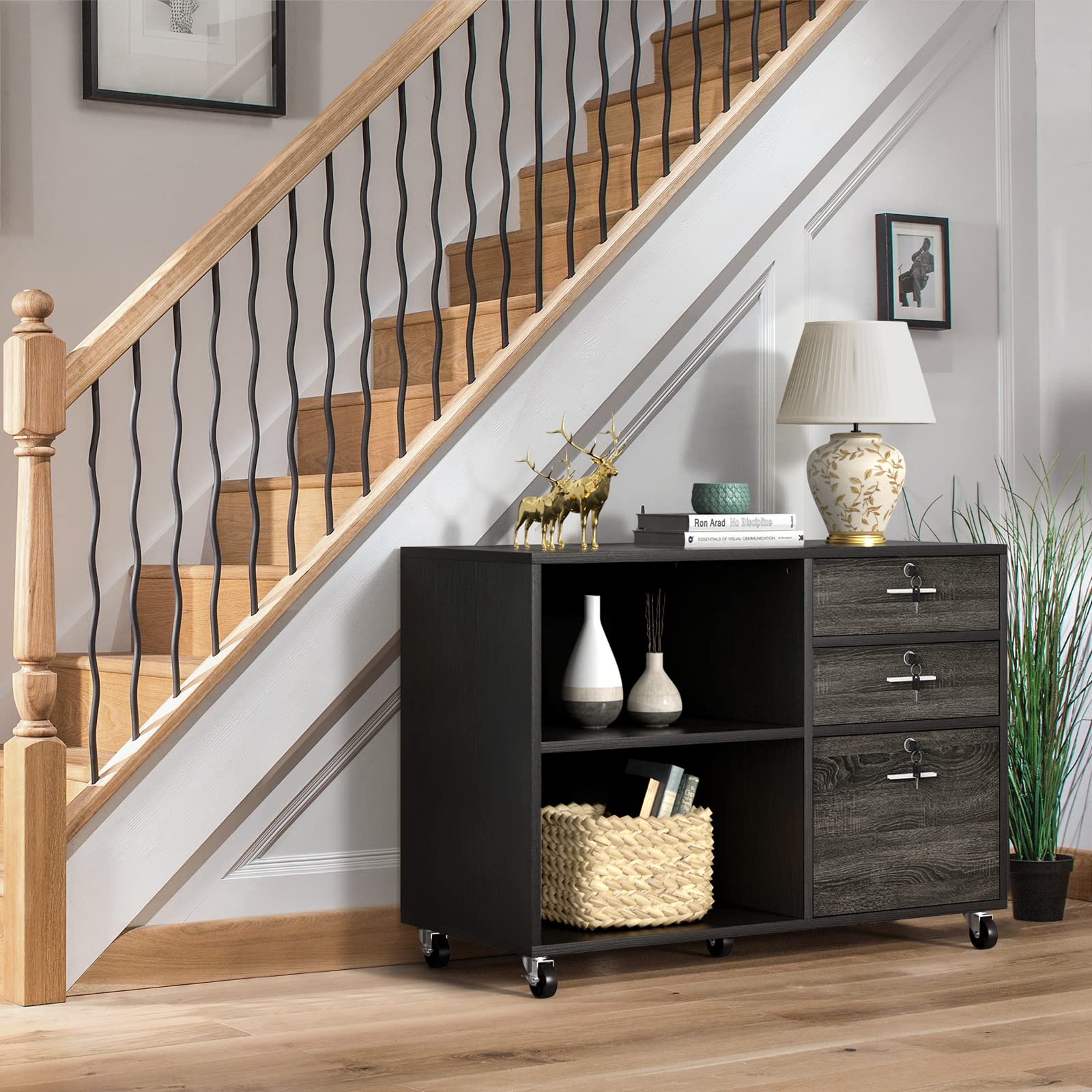 YITAHOME Wood File Cabinet, 3 Drawer Mobile Lateral Filing Cabinet, Storage Cabinet Printer Stand with 2 Open Shelves for Home Office Organization, Black and Grey