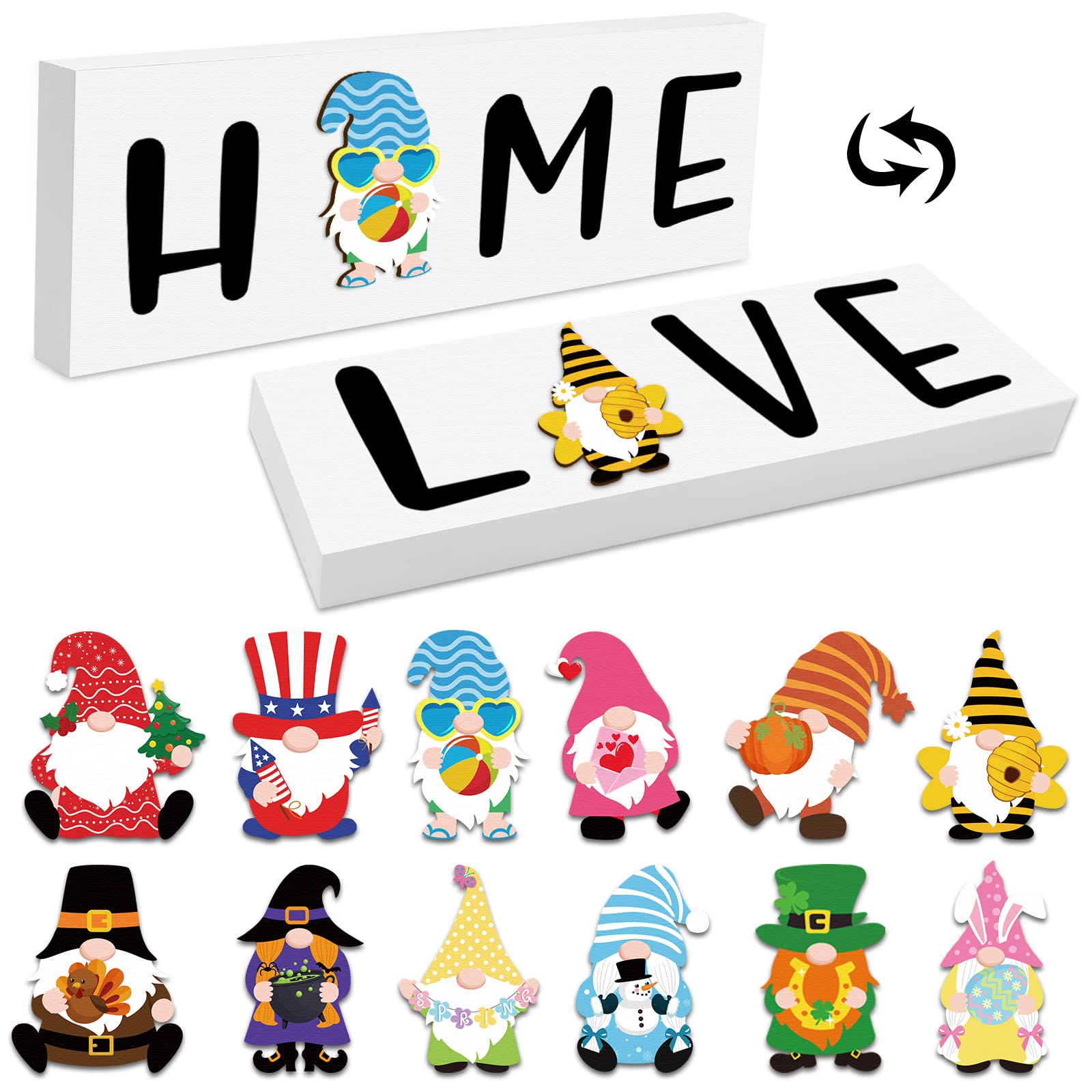Yaaaaasss! Easter Interchangeable Home Love Sign, Seasonal Holiday Wood Decor with 12 PCS Magnet Gnome Pieces Spring Tiered Tray Decoration Double-Sided Gnome for Shelf Kitchen Housewarming Gift