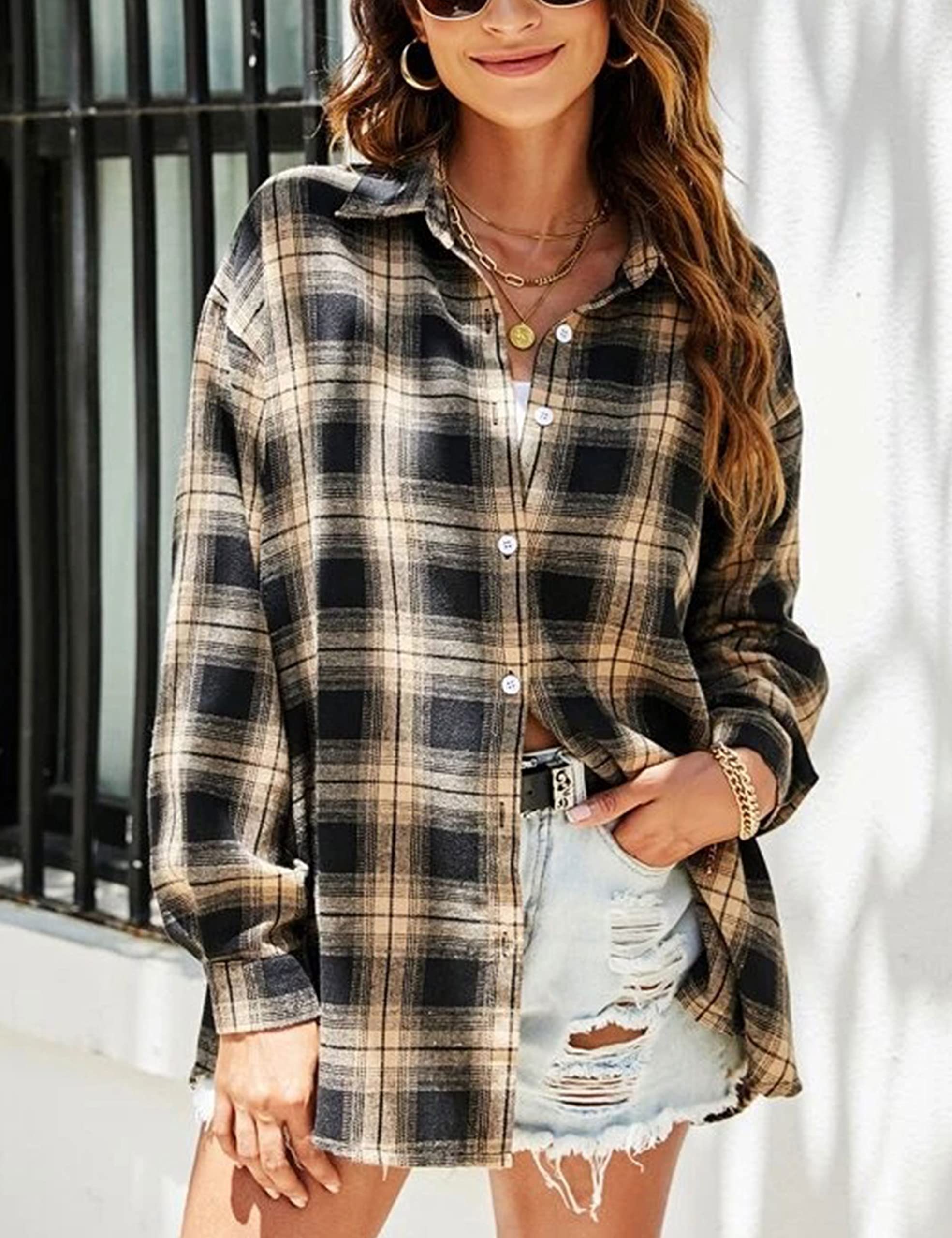 Zontroldy Womens Yellow Flannel Plaid Shirt Button Down Long Sleeve Casual Oversized Blouse Tops (0228-Khaki-M)