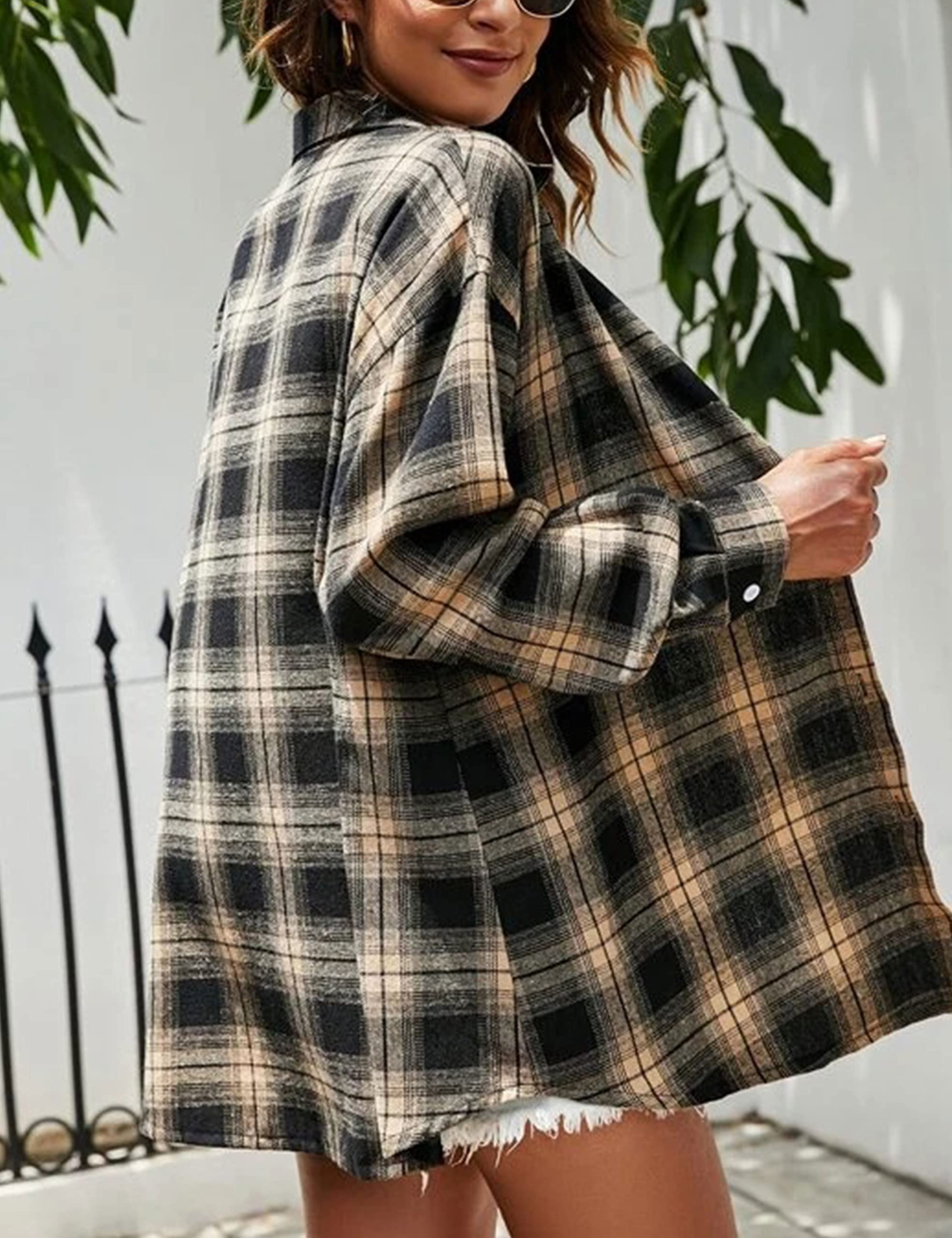 Zontroldy Womens Yellow Flannel Plaid Shirt Button Down Long Sleeve Casual Oversized Blouse Tops (0228-Khaki-M)
