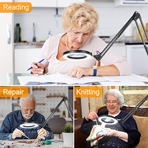 5X Large Magnifying Glass with Light and Stand, KRSTLV 2 x 16 Inch Swivel Arm LED Desk Lamp with Clamp, 5 Color Modes Stepless Dimmable Lighted Magnifier Hands Free for Close Work, Craft, Hobby, Black