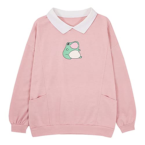 CM C&M WODRO Women Frog Sweatshirt Graphic Aesthetic Oversize Pullover Clothes Long Sleeve T-Shirt with Pocket (Pink, Medium)