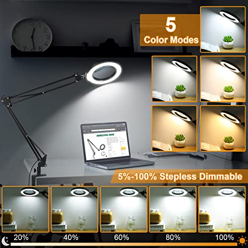 5X Large Magnifying Glass with Light and Stand, KRSTLV 2 x 16 Inch Swivel Arm LED Desk Lamp with Clamp, 5 Color Modes Stepless Dimmable Lighted Magnifier Hands Free for Close Work, Craft, Hobby, Black