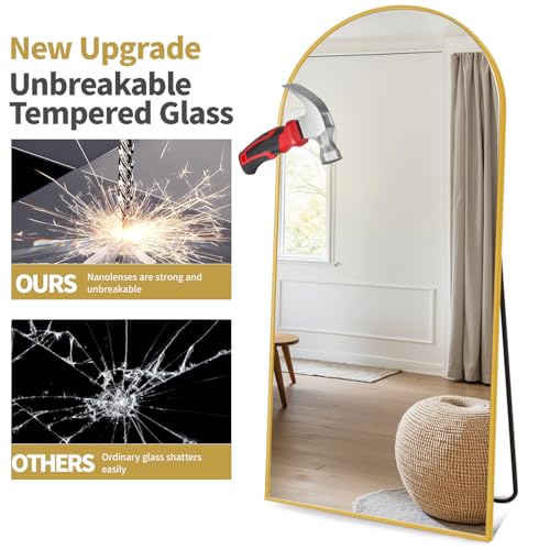 FVANF Arched Full Length Floor Mirror Standing Hanging or Leaning Against Wall, for Bedroom, Wall-Mounted Mirror with Aluminum Alloy Frame, 65"x22" (Gold)