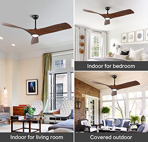 WINGBO Ceiling Fan, 62in DC, Walnut, Modern, Old Bronze, 3 Curved ABS Blades, Light Kit, Remote, Living Room, Kitchen, Bedroom, ETL Listed