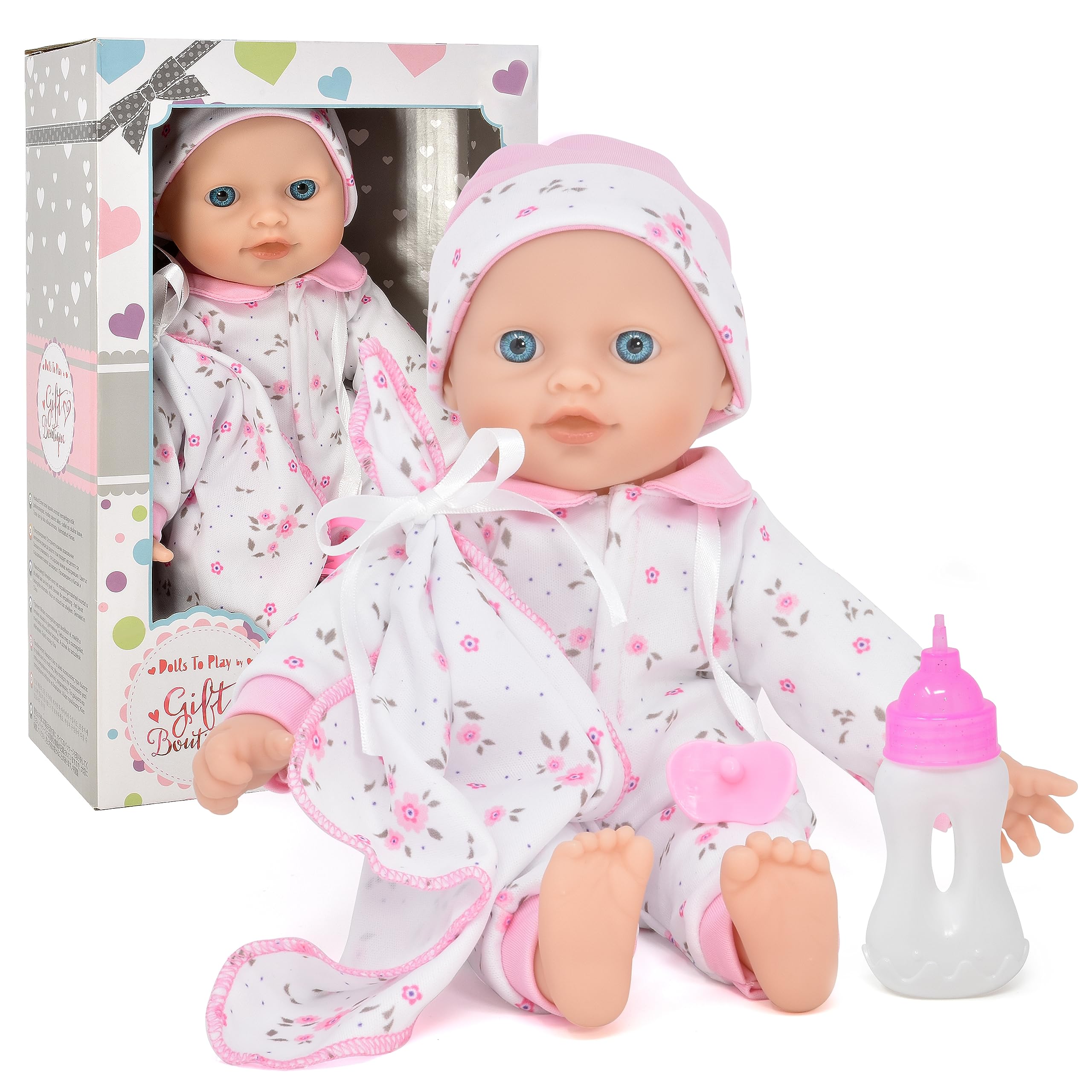 Gift Boutique - 12 Inch Soft Body Baby Doll in Gift Box, Baby Doll with Bottle and Pacifier, Blanket and Pink Floral Clothes