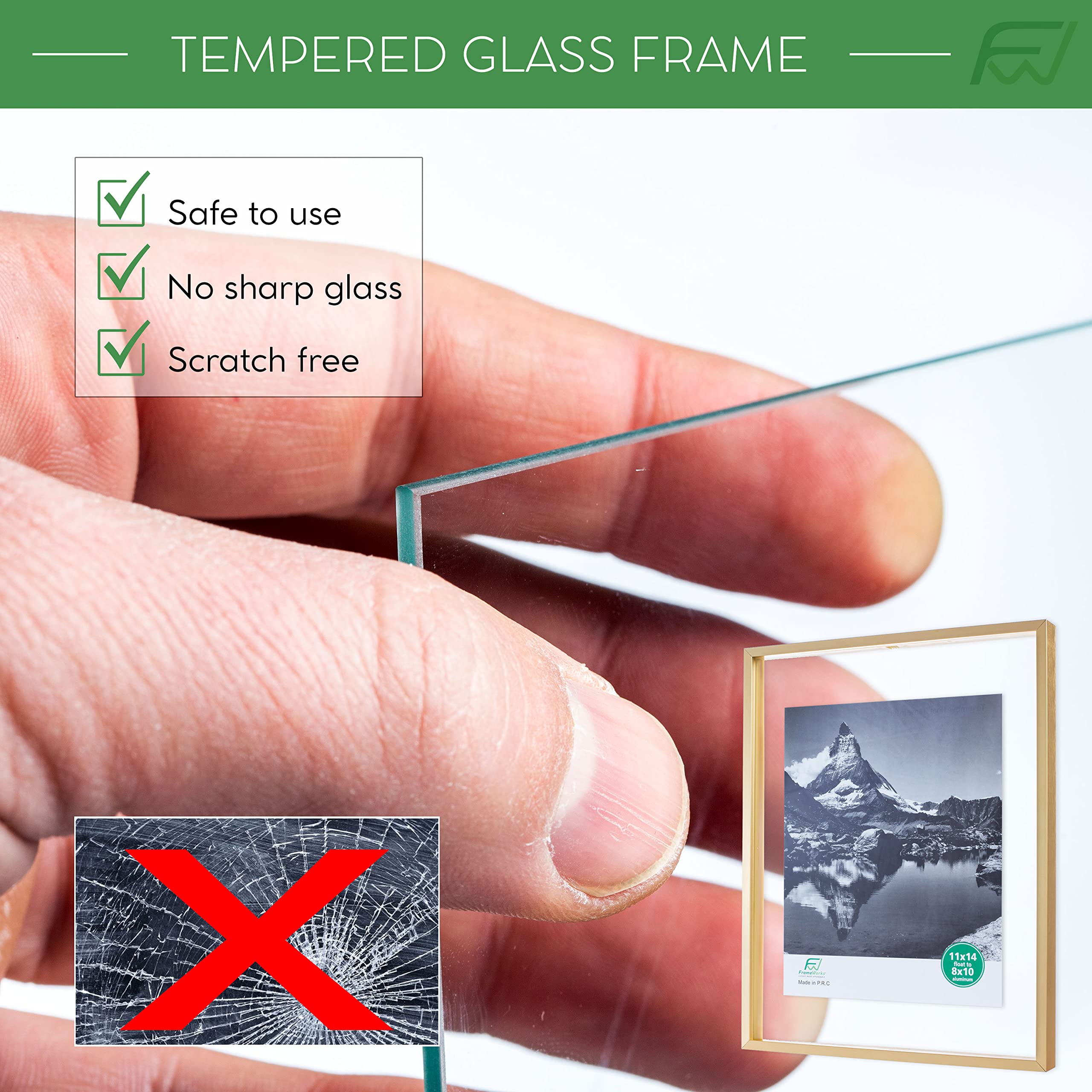 FrameWorks 11”x14” Deluxe Brass Gold Aluminum Contemporary Style Floating Picture Frame with Tempered Glass