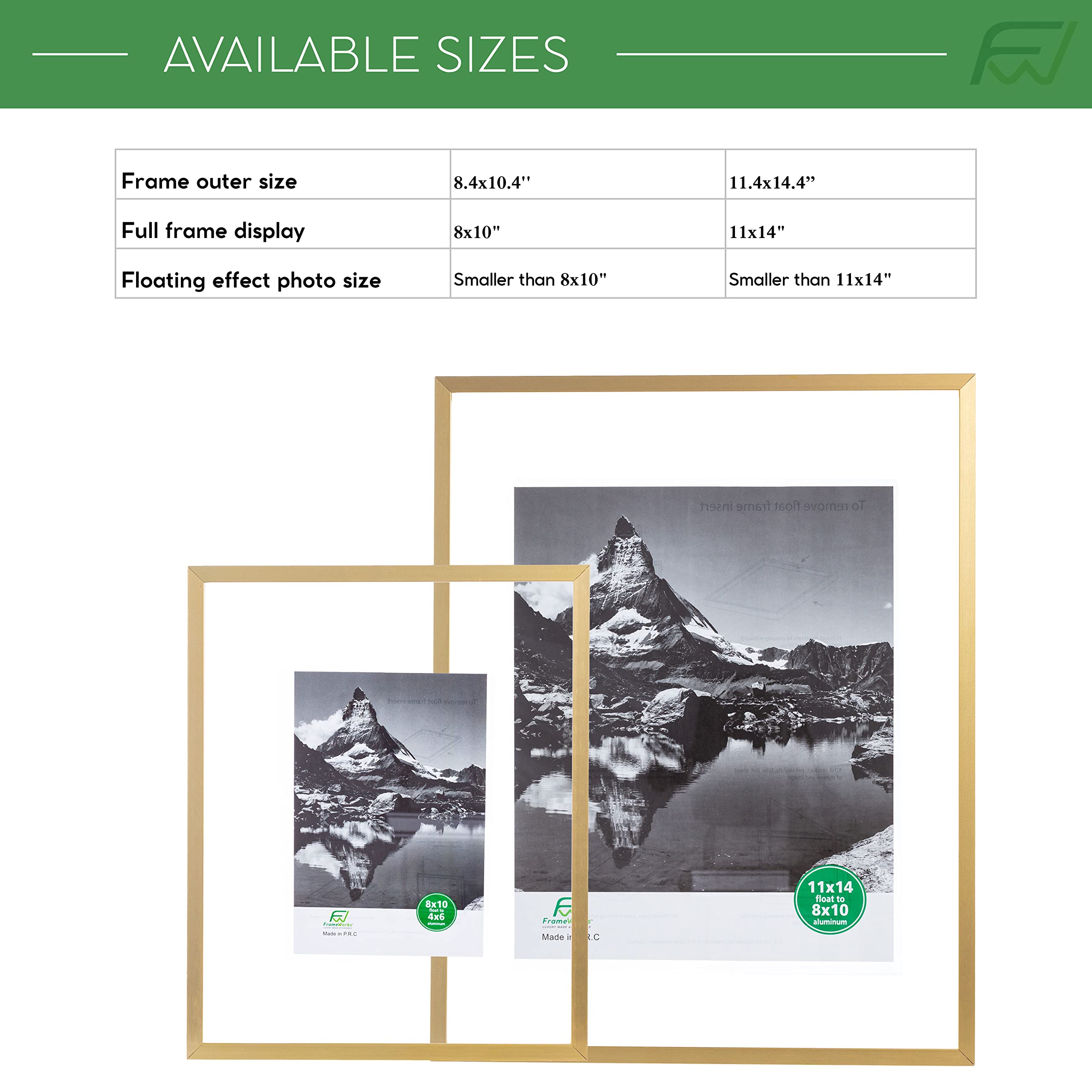 FrameWorks 11”x14” Deluxe Brass Gold Aluminum Contemporary Style Floating Picture Frame with Tempered Glass