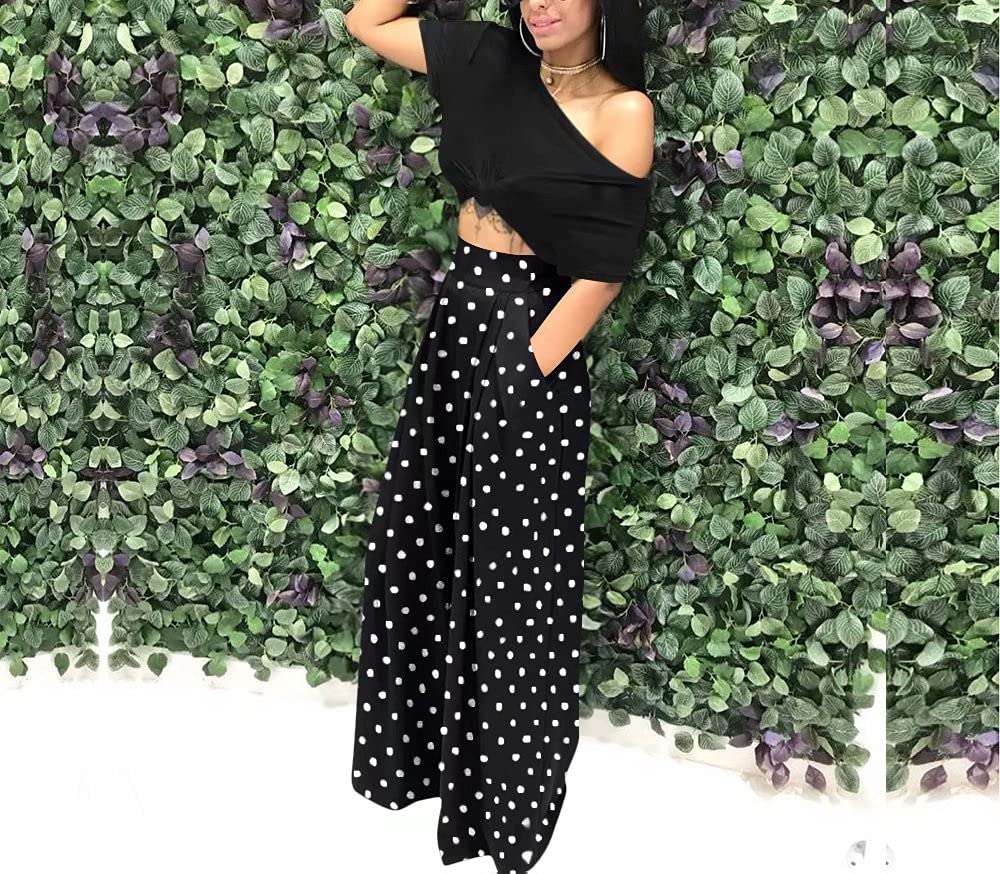 LROSEY Polka Dot Palazzo Pants for Women with Slant Pocket Pleat Wide Leg Straight Trousers