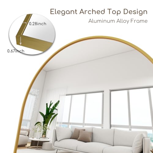 FVANF Arched Full Length Floor Mirror Standing Hanging or Leaning Against Wall, for Bedroom, Wall-Mounted Mirror with Aluminum Alloy Frame, 65"x22" (Gold)