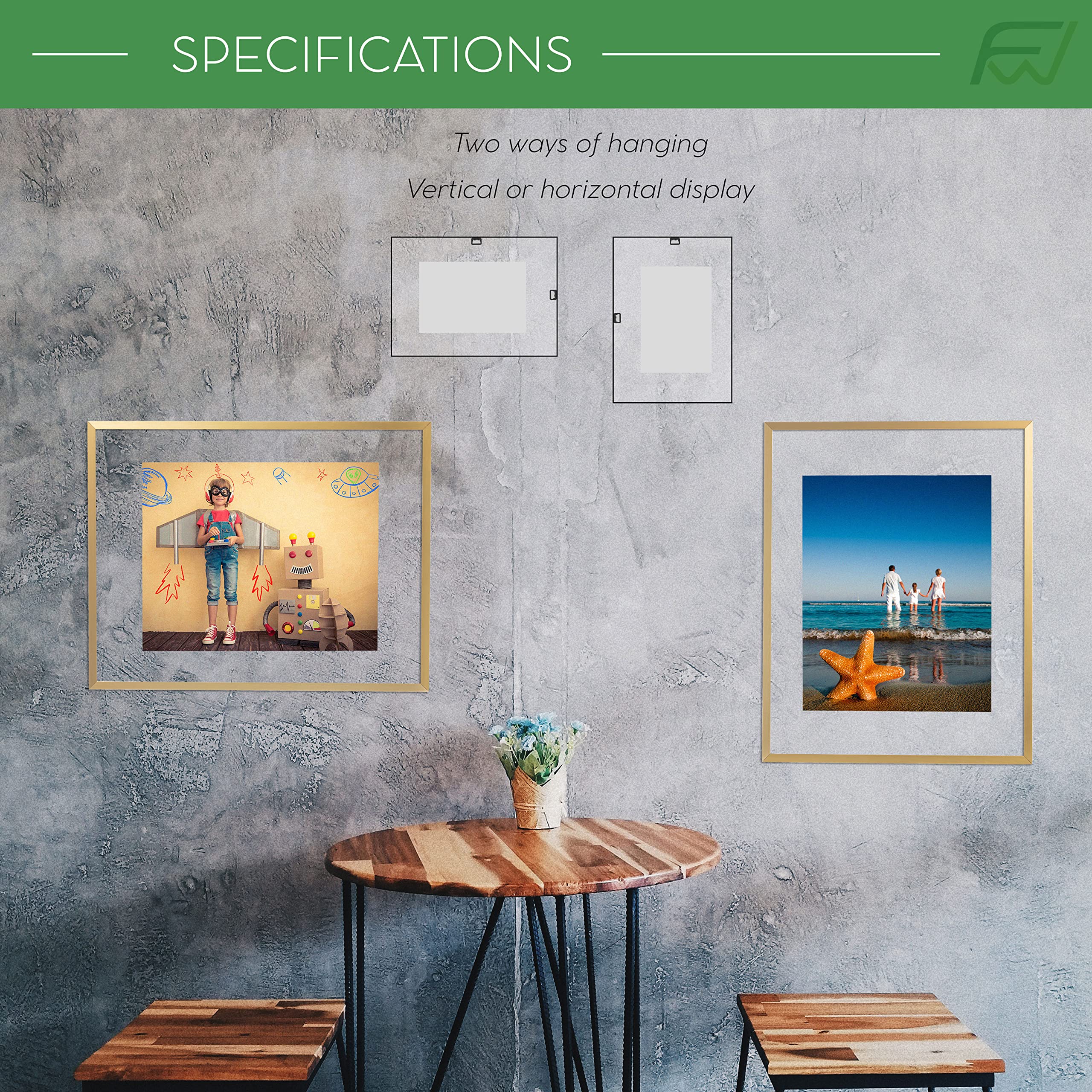 FrameWorks 11”x14” Deluxe Brass Gold Aluminum Contemporary Style Floating Picture Frame with Tempered Glass