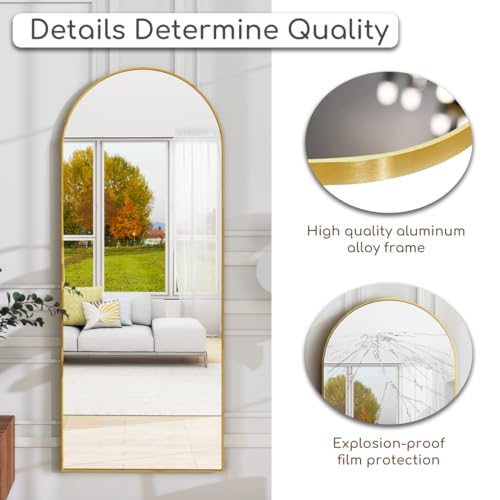 FVANF Arched Full Length Floor Mirror Standing Hanging or Leaning Against Wall, for Bedroom, Wall-Mounted Mirror with Aluminum Alloy Frame, 65"x22" (Gold)