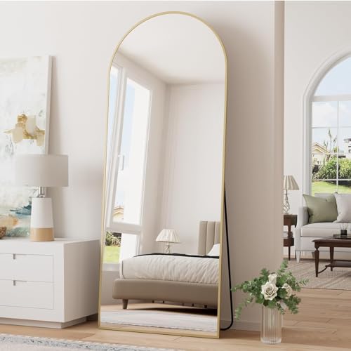 FVANF Arched Full Length Floor Mirror Standing Hanging or Leaning Against Wall, for Bedroom, Wall-Mounted Mirror with Aluminum Alloy Frame, 65"x22" (Gold)