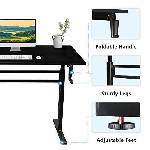 ERGO COMFY Manual Adjustable Height Standing Desk, 48 x 24 Inch Hand Crank Standing Desk with One-Piece Table Top, Sit Stand up Rising Desk, Home Office Computer Workstation, Black