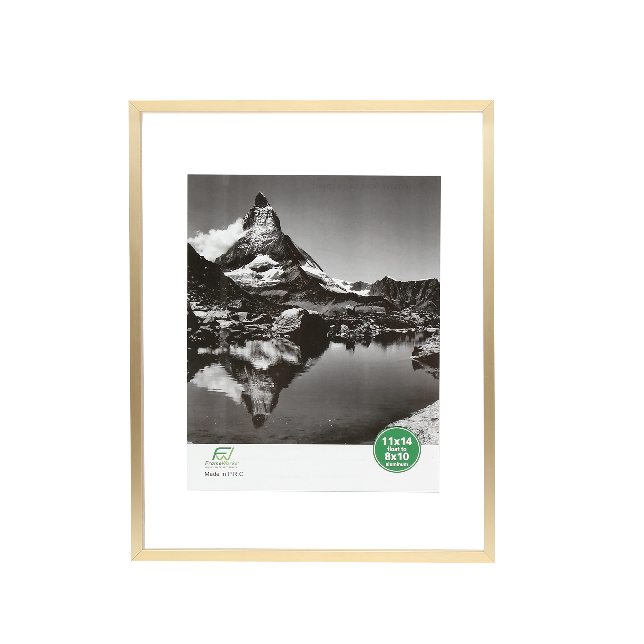 FrameWorks 11”x14” Deluxe Brass Gold Aluminum Contemporary Style Floating Picture Frame with Tempered Glass