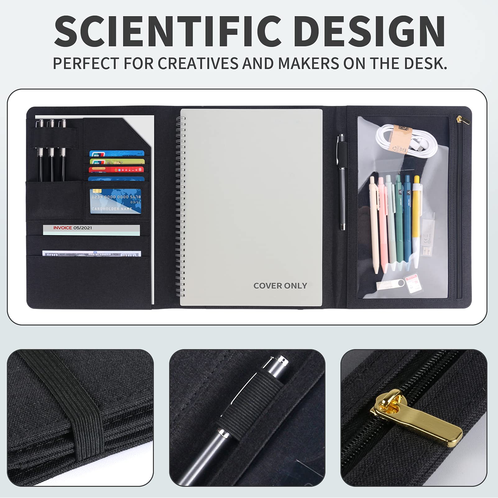 Trifold Cover for Rocketbook Fusion, Panda, Everlast, Letter Size, Multi A4 Size Notebook Case with Pen Loop, Waterproof Fabric, Zipper Pocket, Business Card Holder, 8.5" x 11"inch (Black)