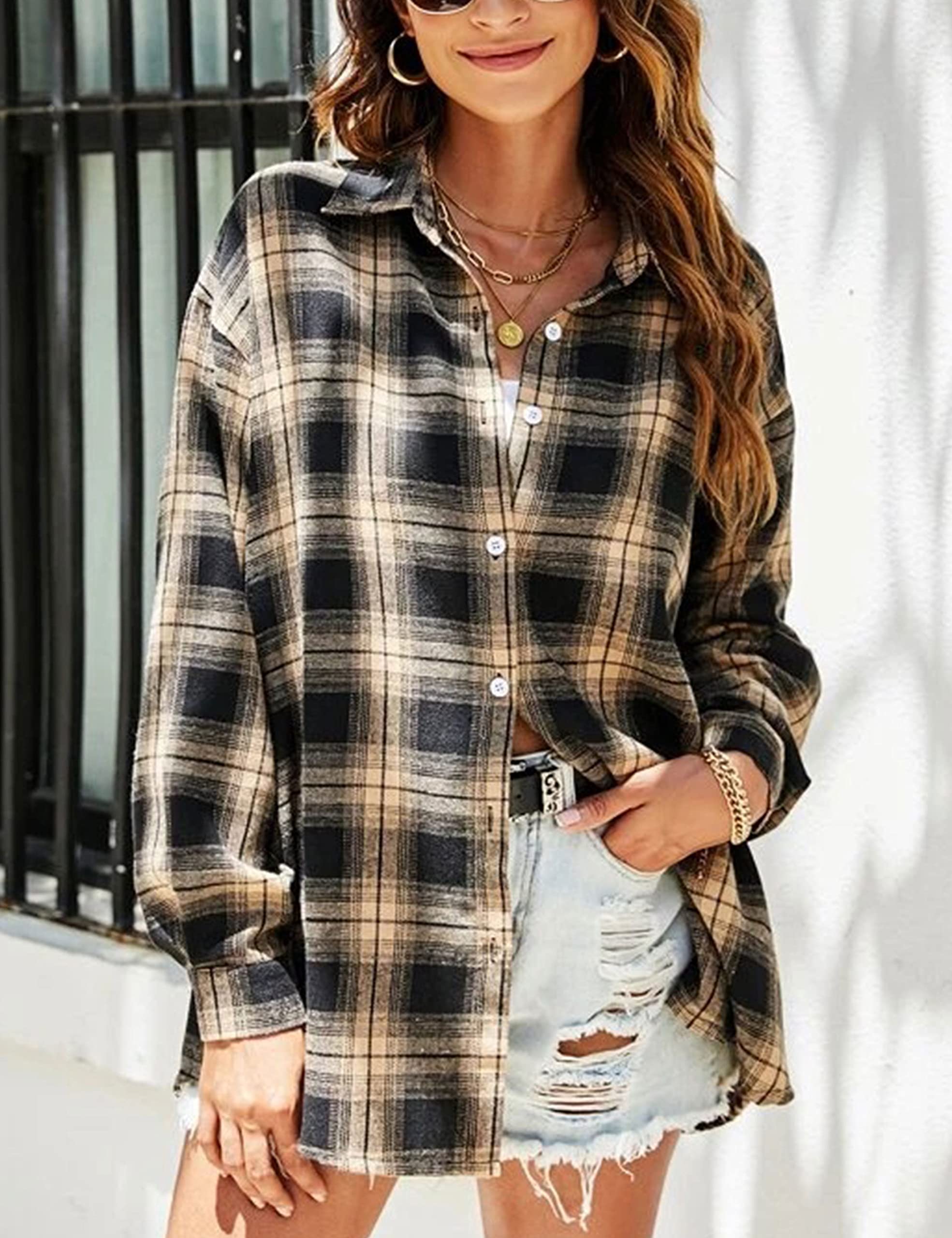 Mingzhu Oversized Button Down Plaid Flannel Shirts for Women Roll Up Long Sleeve Buffalo Blouse Top(0003-Khaki-S)