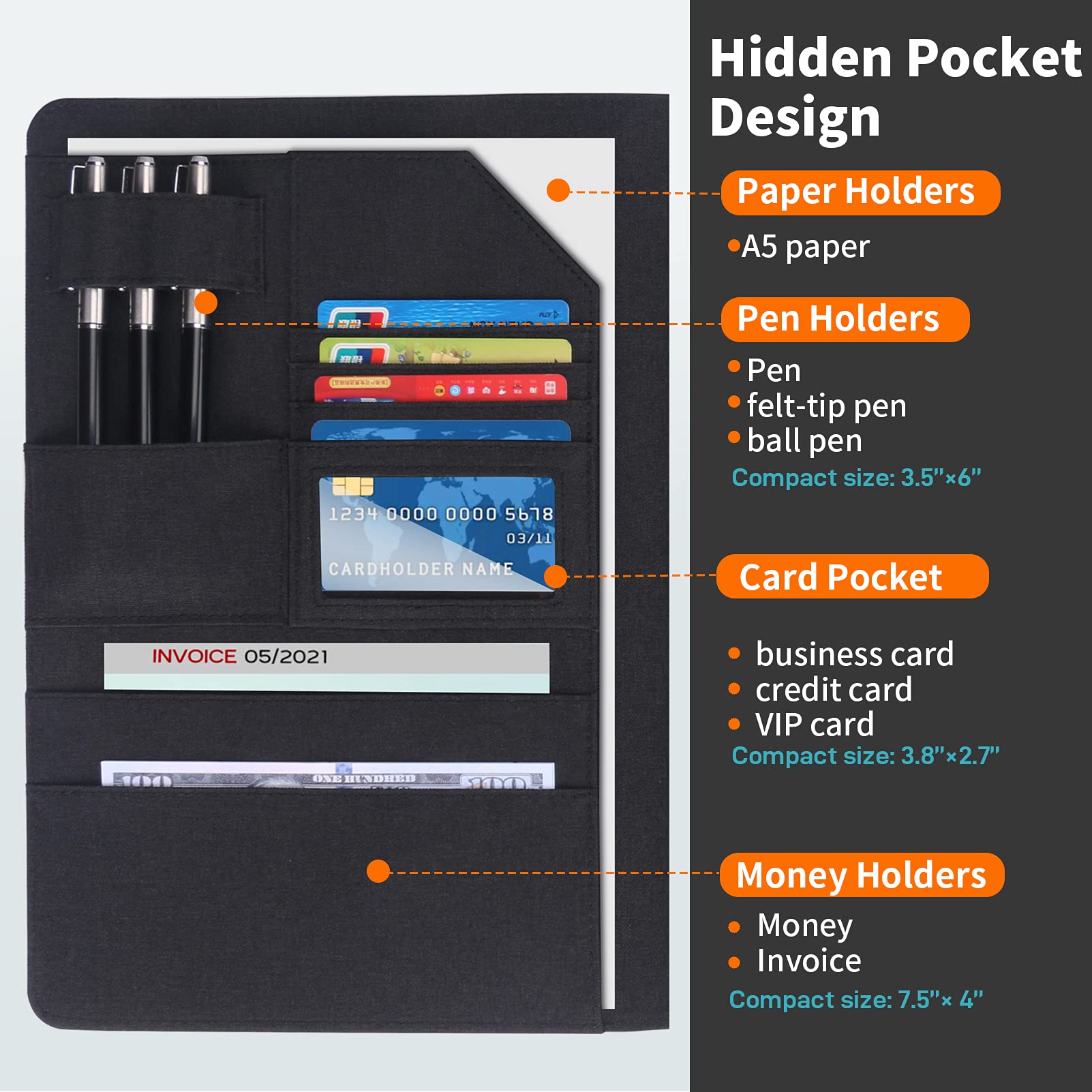 Trifold Cover for Rocketbook Fusion, Panda, Everlast, Letter Size, Multi A4 Size Notebook Case with Pen Loop, Waterproof Fabric, Zipper Pocket, Business Card Holder, 8.5" x 11"inch (Black)