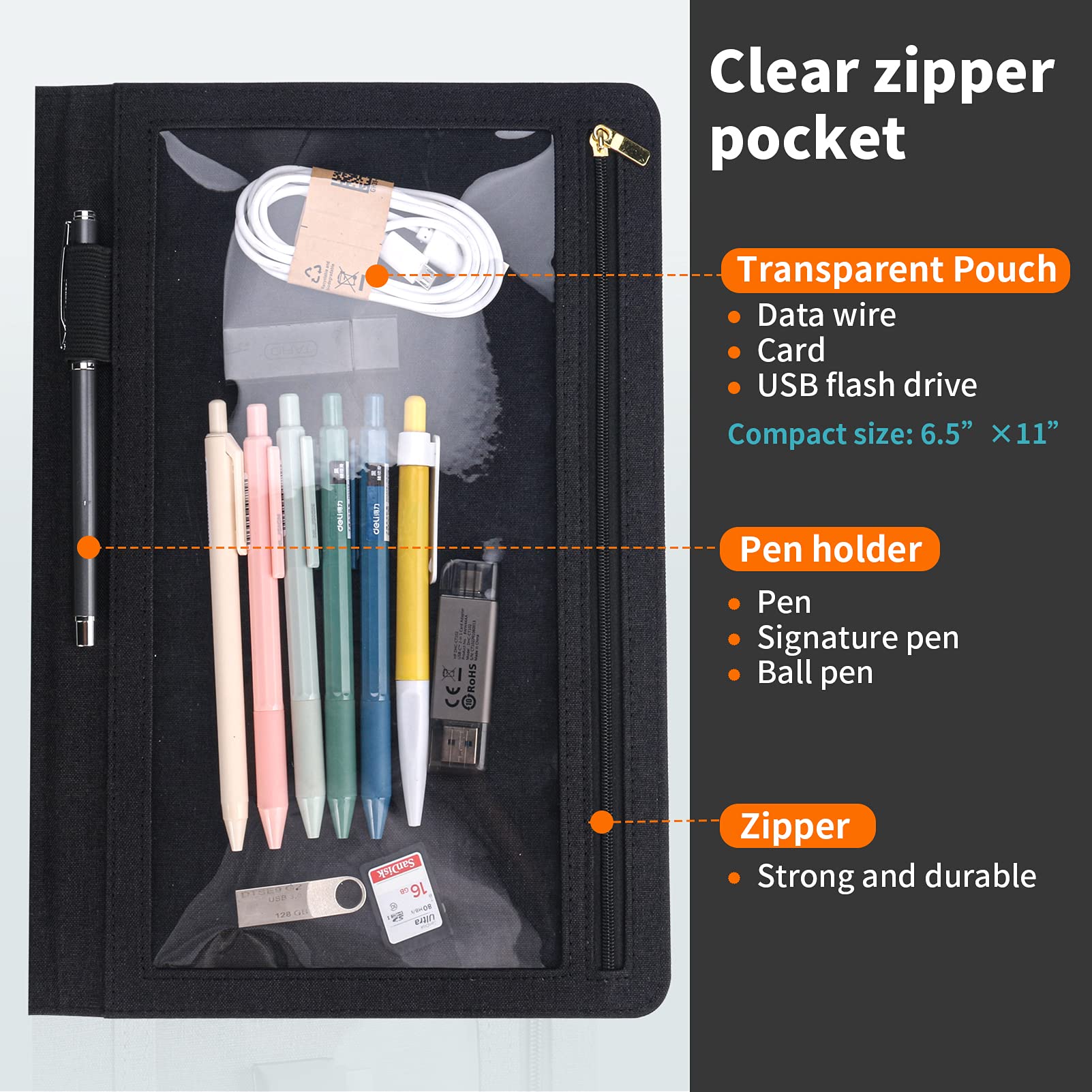 Trifold Cover for Rocketbook Fusion, Panda, Everlast, Letter Size, Multi A4 Size Notebook Case with Pen Loop, Waterproof Fabric, Zipper Pocket, Business Card Holder, 8.5" x 11"inch (Black)