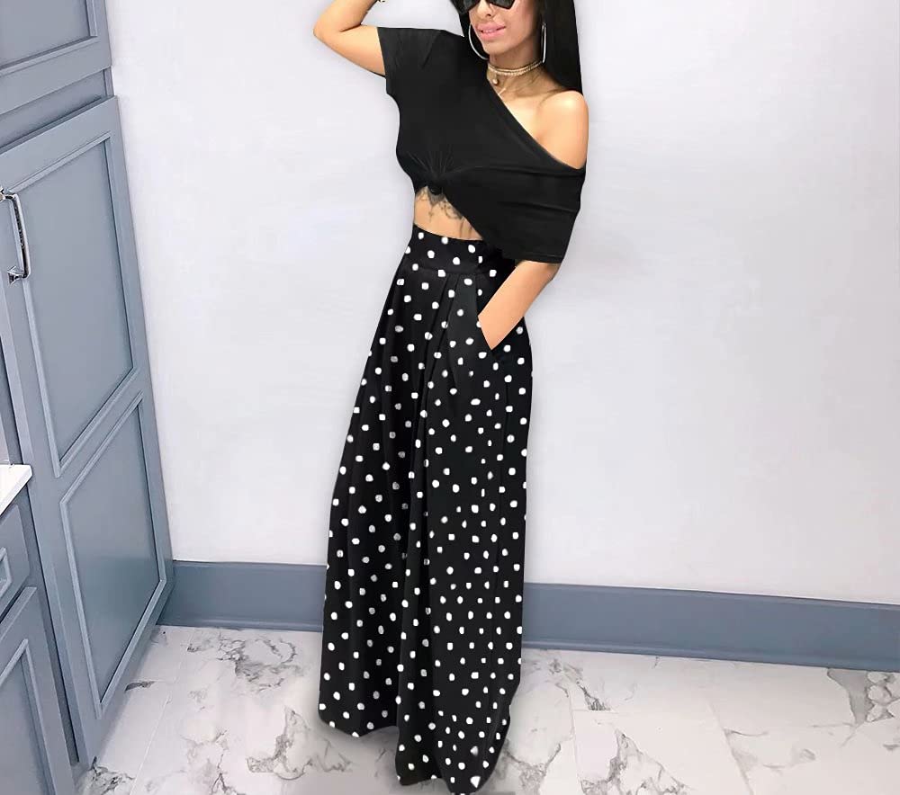 LROSEY Polka Dot Palazzo Pants for Women with Slant Pocket Pleat Wide Leg Straight Trousers