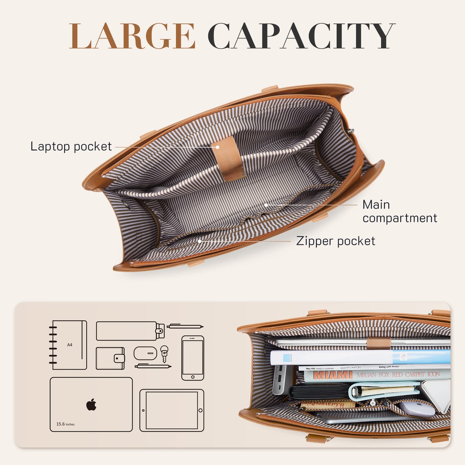 ECOSUSI Laptop Tote Bag Laptop Bag 15.6 inch Work Shoulder Briefcase Computer Messenger with Clutch Satchel Handbag 2 PCS Set (Brown)